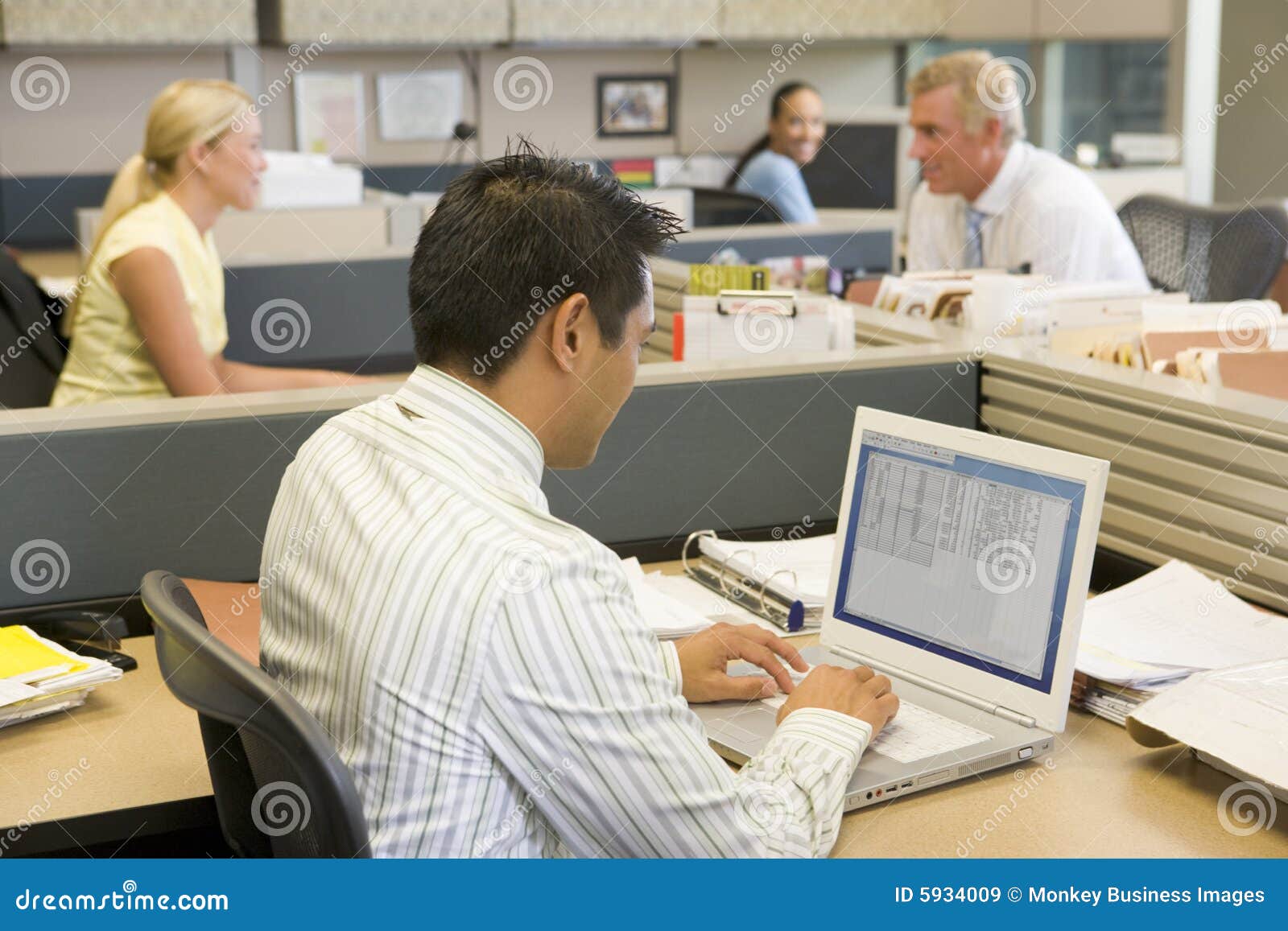Businessman in Cubicle at Laptop Stock Image - Image of horizontal ...