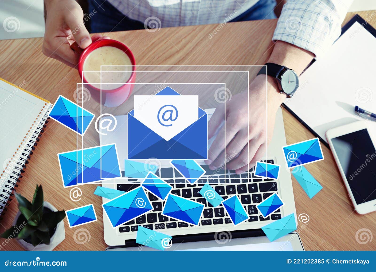 Businessman with Cup of Coffee Sending Emails at Workplace Stock Image ...