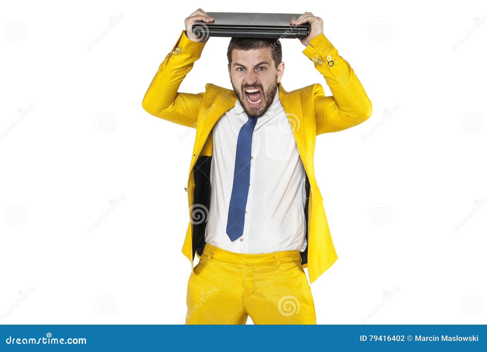 Businessman Destroying a Computer on His Head Stock Photo - Image of ...