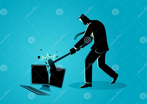 Businessman Destroying Desktop Computer with Sledge Hammer Stock ...