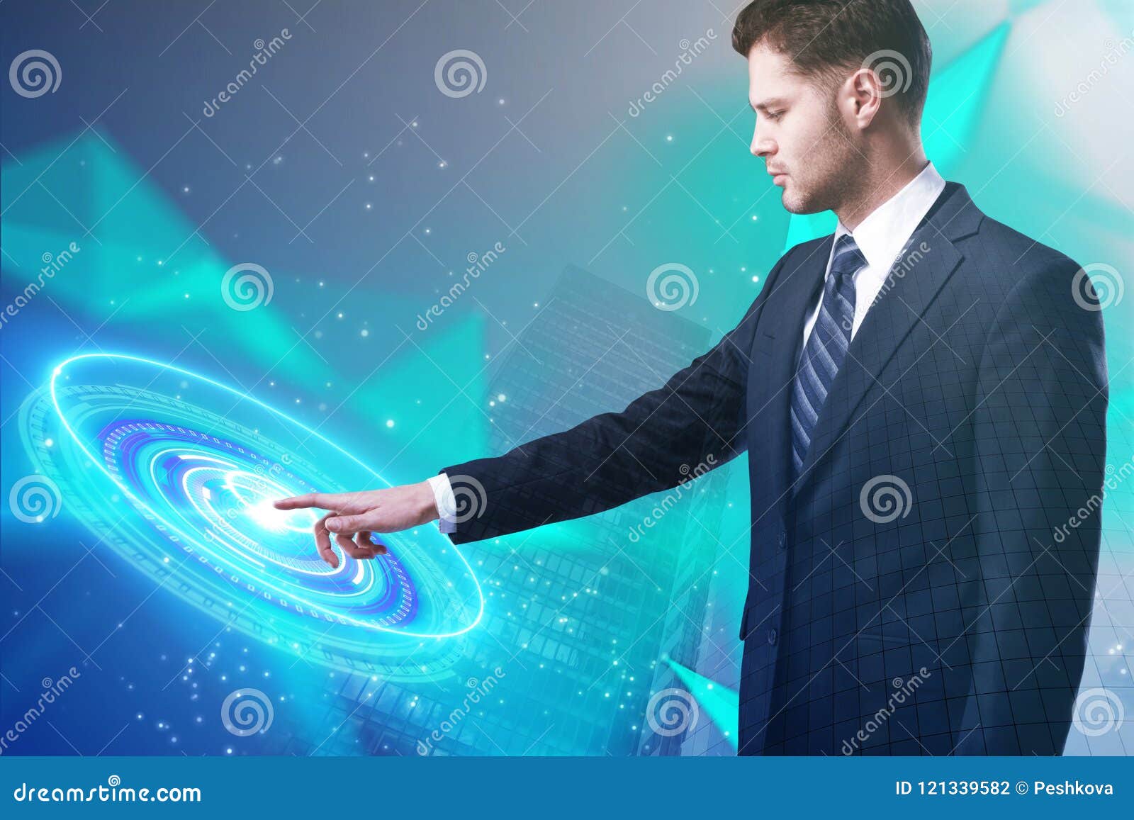 Businessman and Digital Technology Button Stock Photo - Image of idea ...