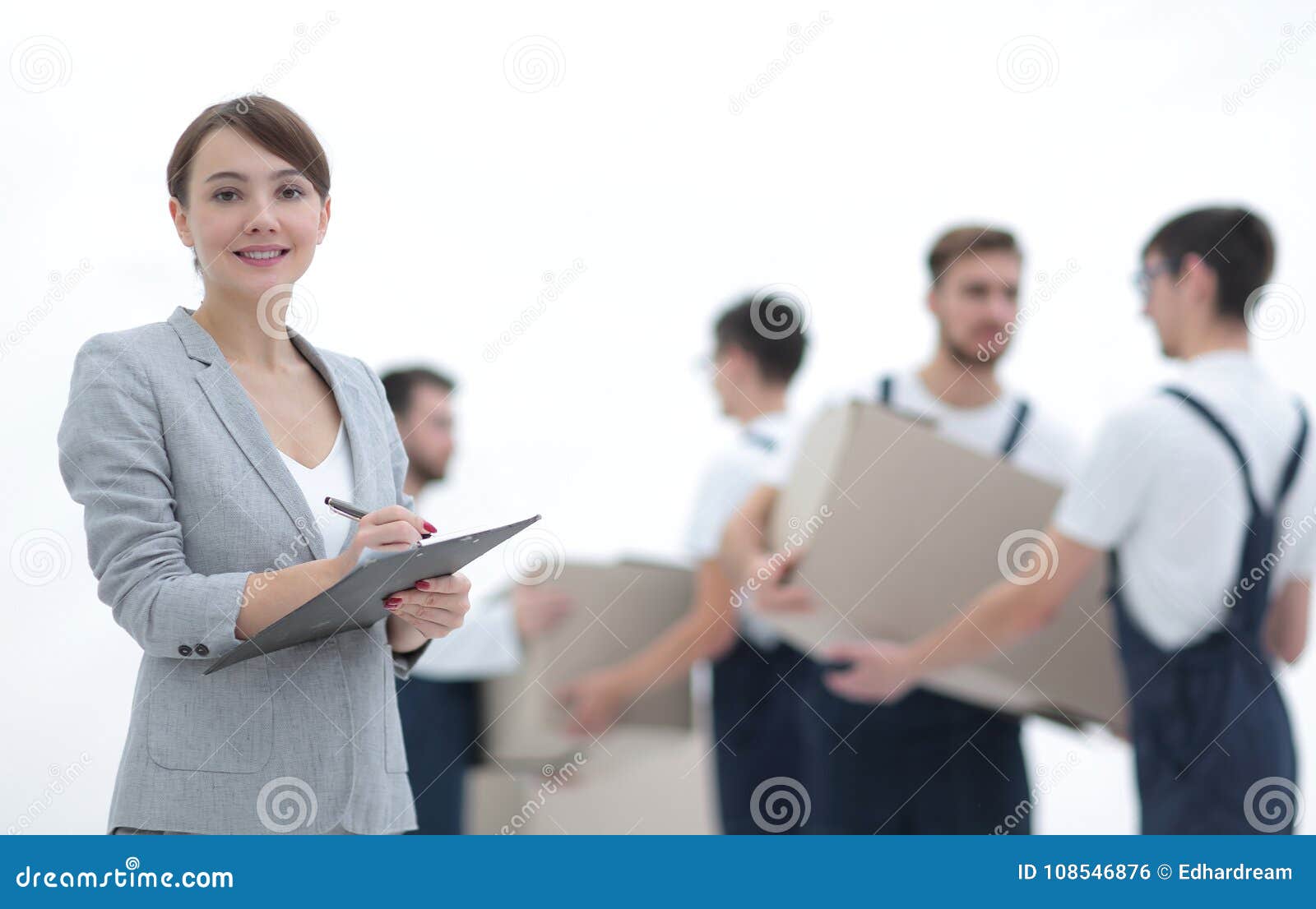 Woman Manager Holding Clipboard on Blurred Background with Mover Stock ...
