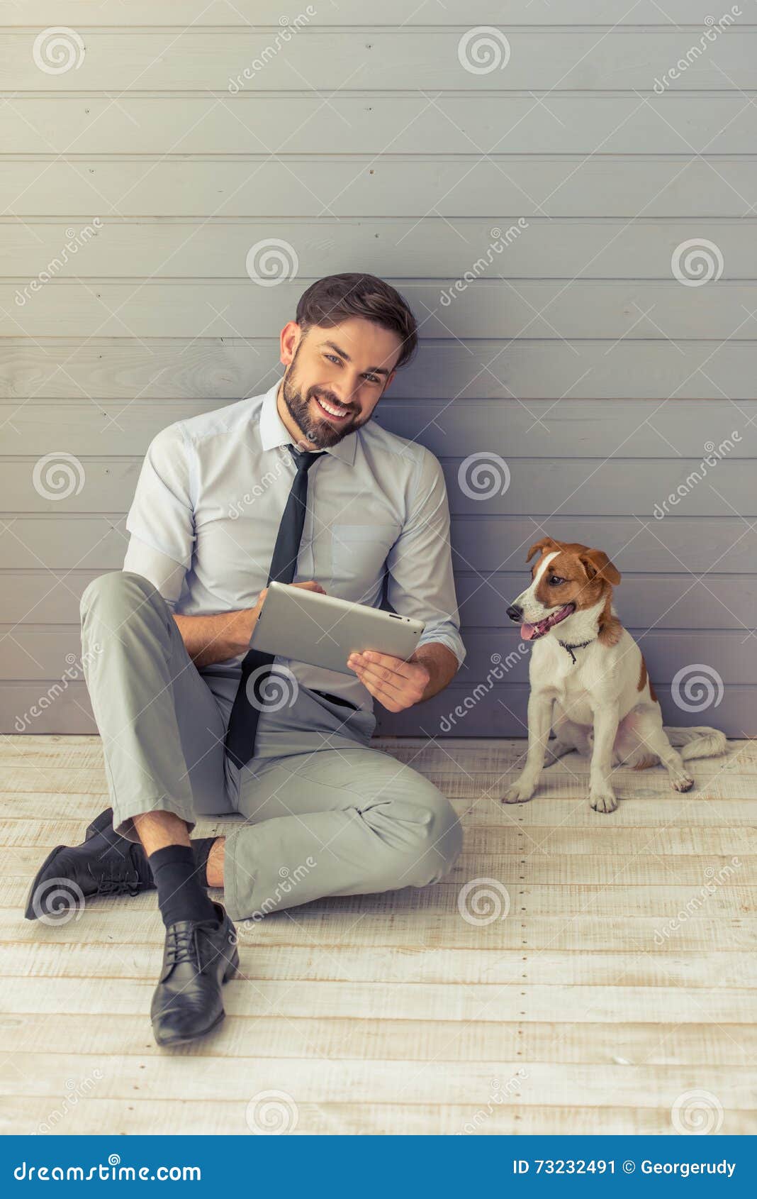 Businessman and dog stock image. Image of happy, casual - 73232491