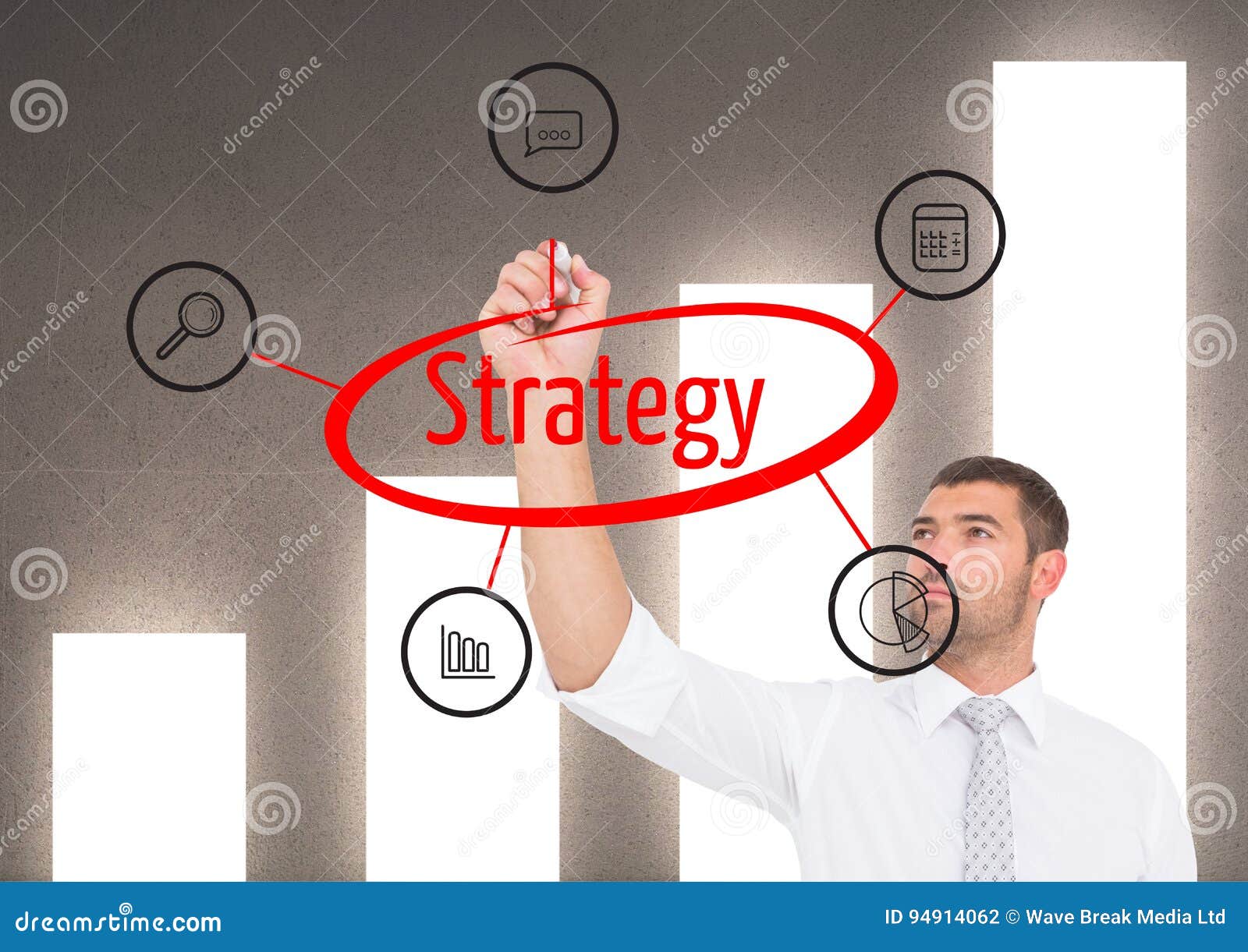 Businessman Doing a Graphic about STRATEGY in the Screen. Graph Wall ...