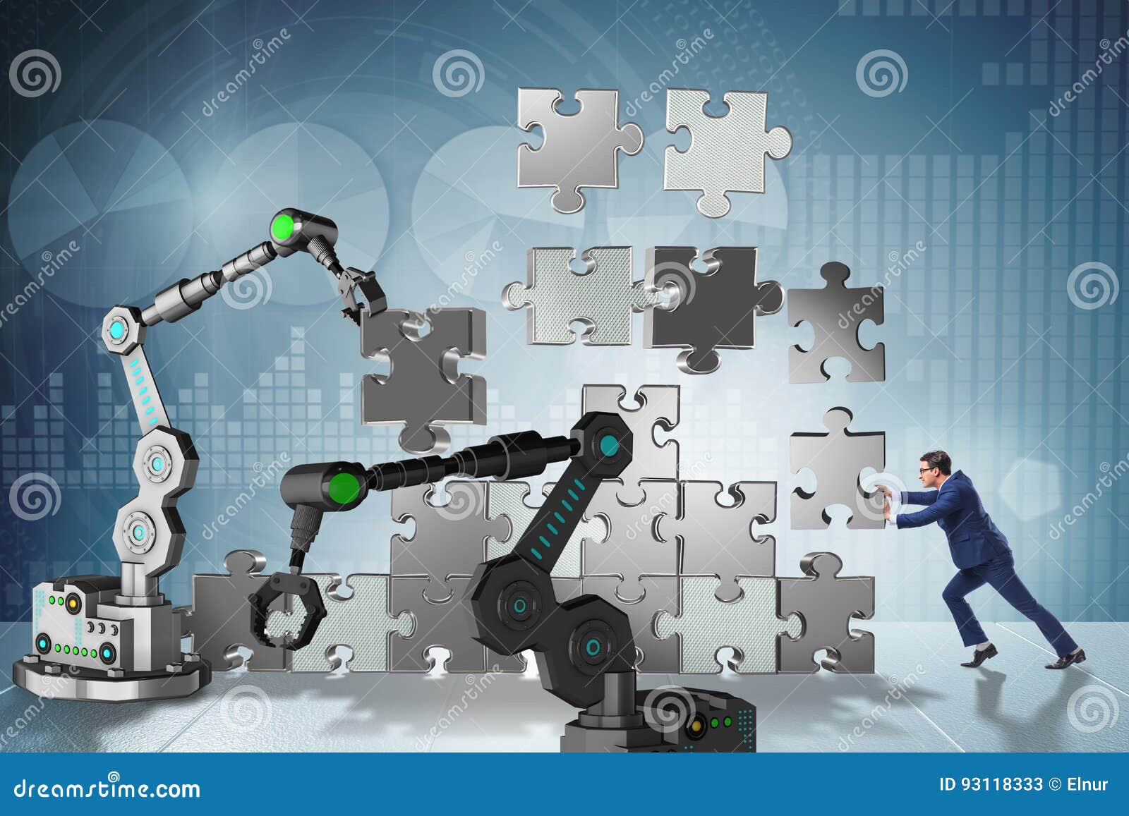 The Businessman Doing Jigsaw Puzzle with Robotic Arm Stock Illustration ...