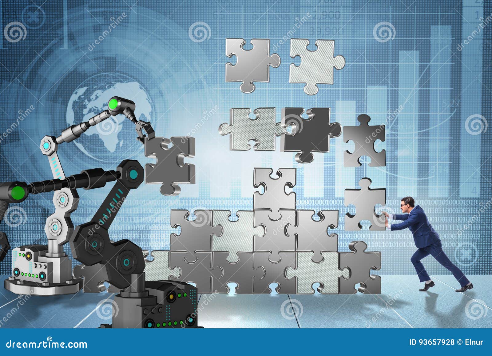 The Businessman Doing Jigsaw Puzzle with Robotic Arm Stock Illustration ...