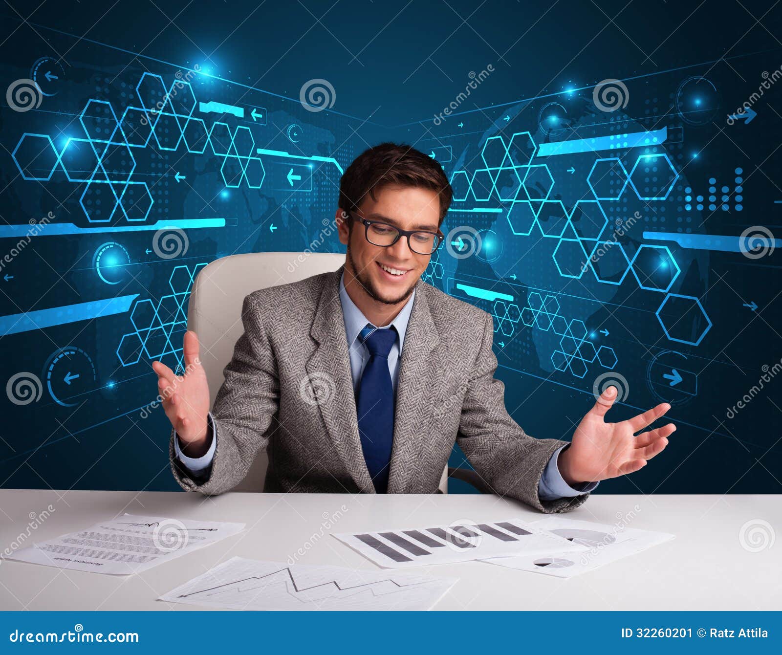 Businessman Doing Paperwork with Futuristic Backgroung Stock Image ...