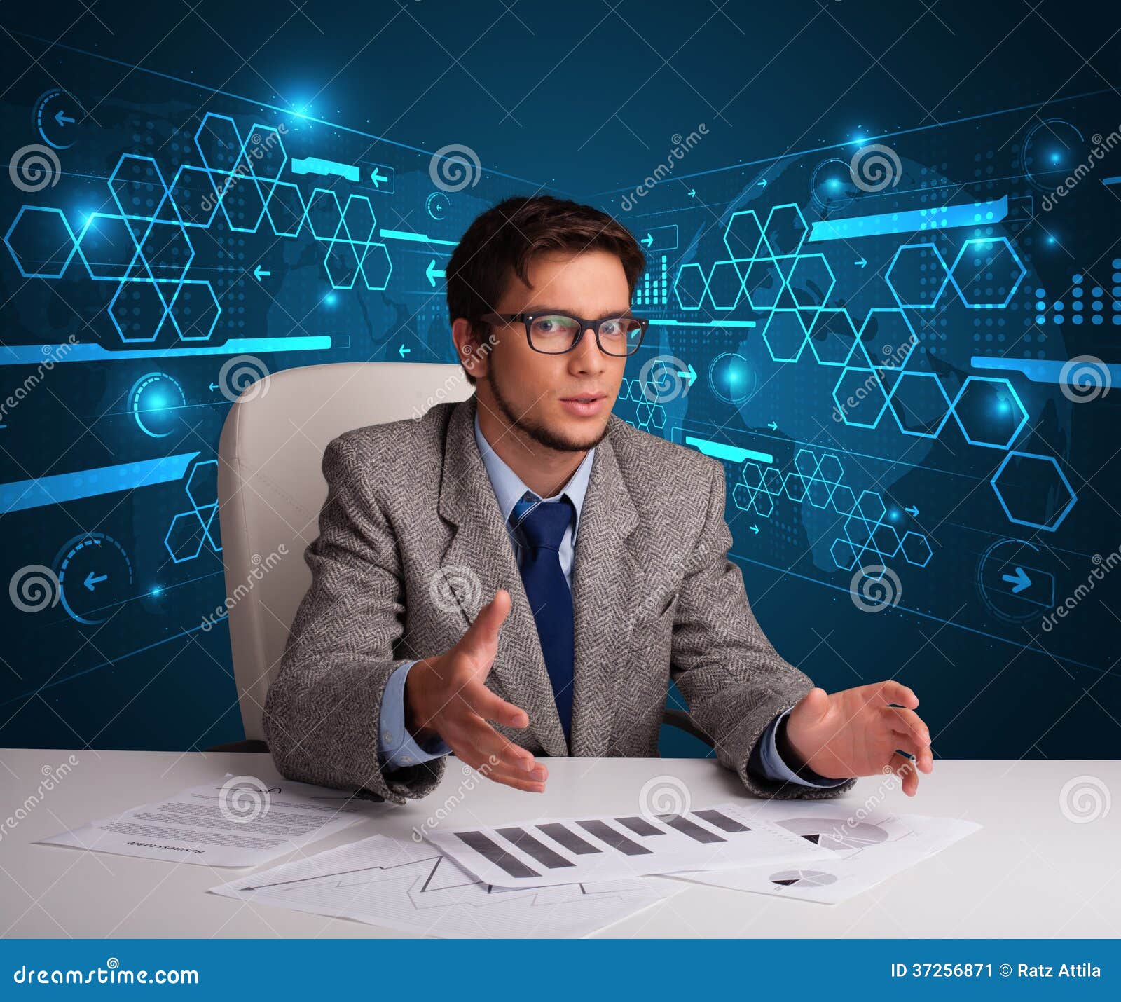 Businessman Doing Paperwork with Futuristic Backgroung Stock Image ...
