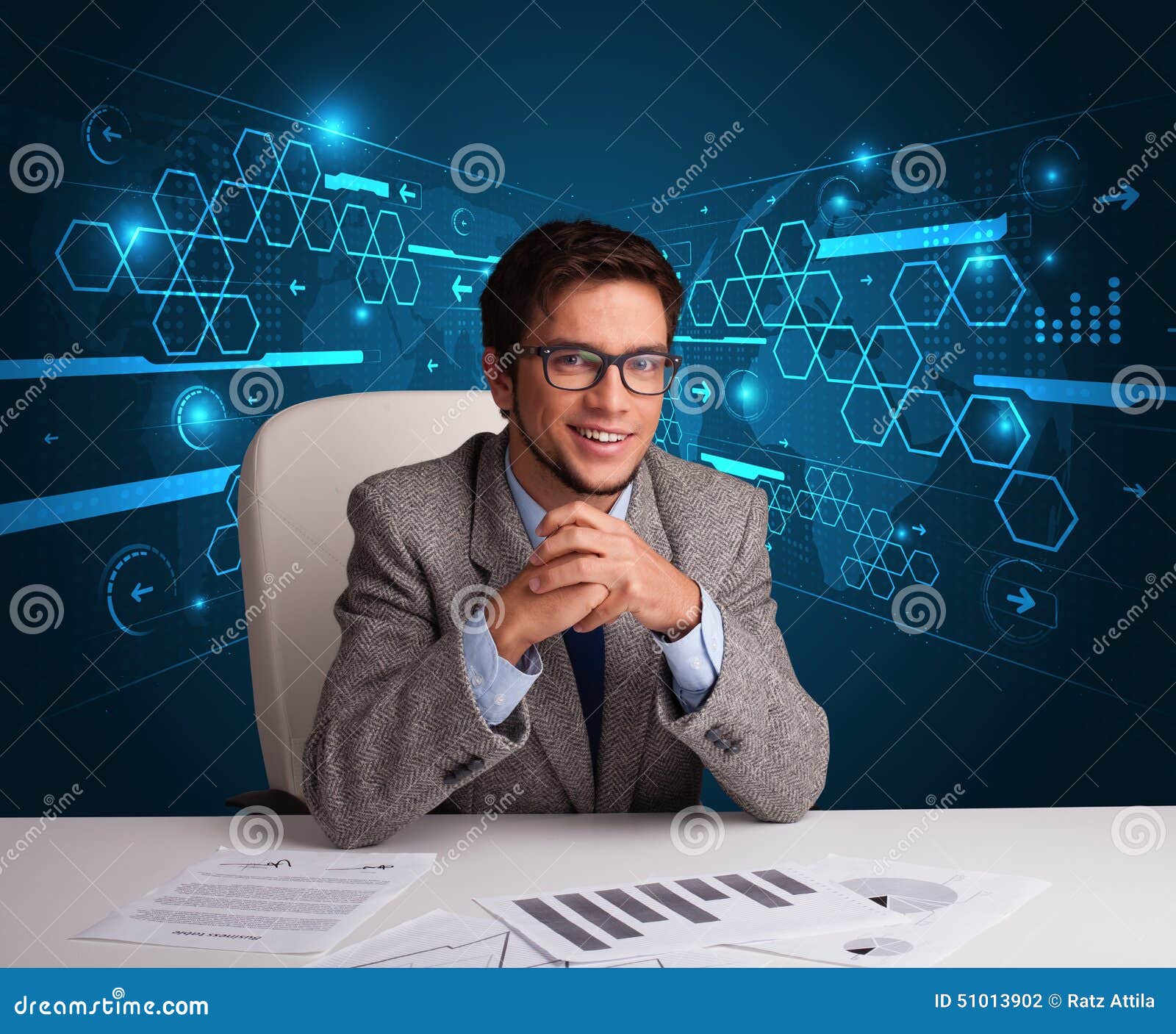 Businessman Doing Paperwork with Futuristic Backgroung Stock Photo ...