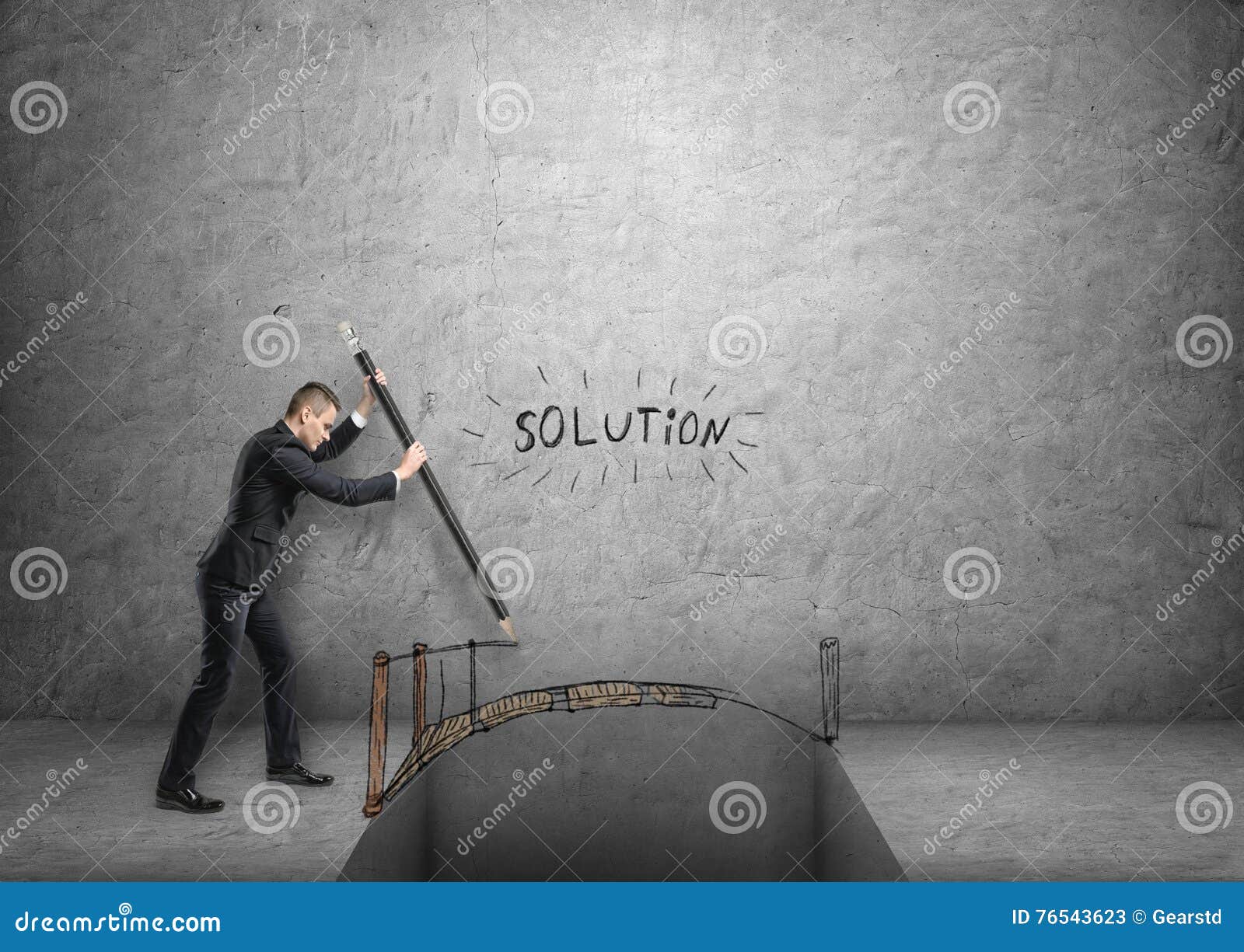 Businessman Drawing Bridge Over Gap with Word Solution Above it Stock ...
