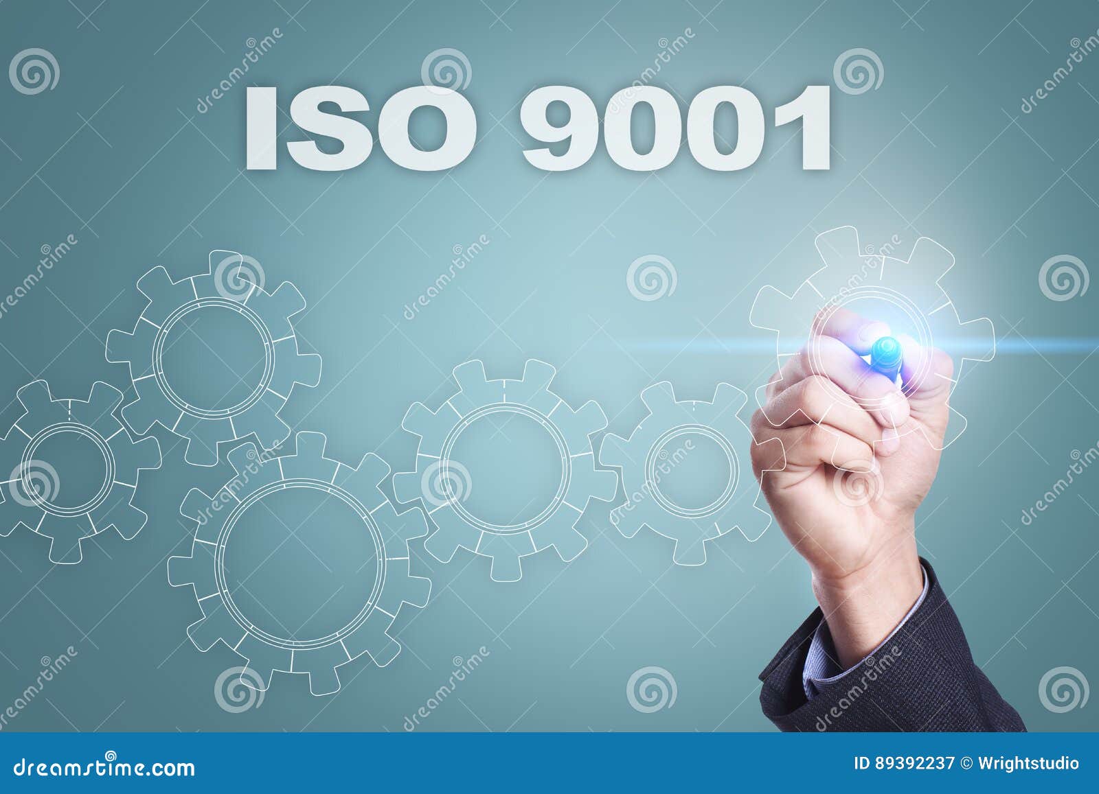 Businessman Drawing on Virtual Screen. Iso 9001 Concept Stock Image ...