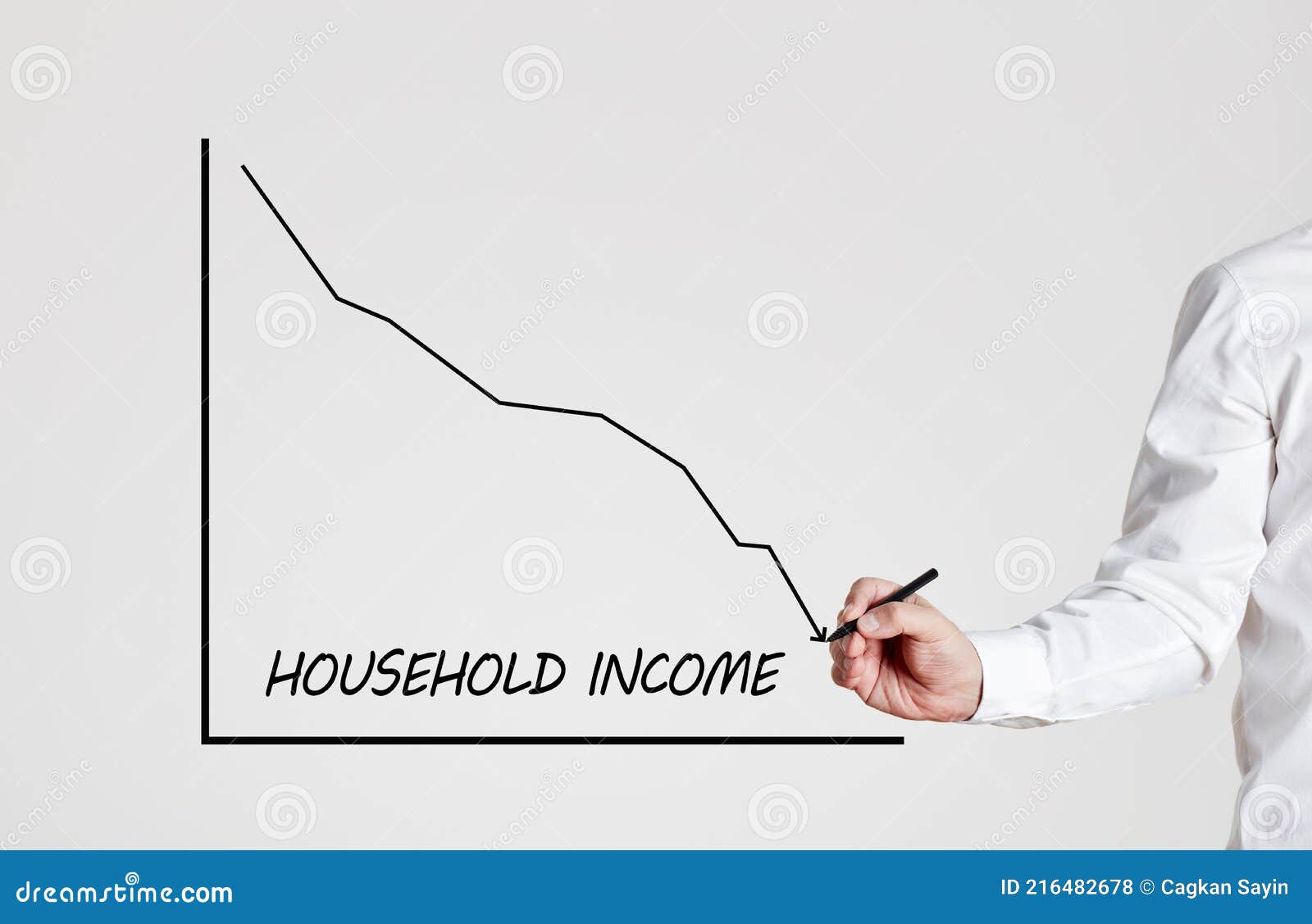 Businessman Draws a Declining Line Graph with the Word Household Income ...