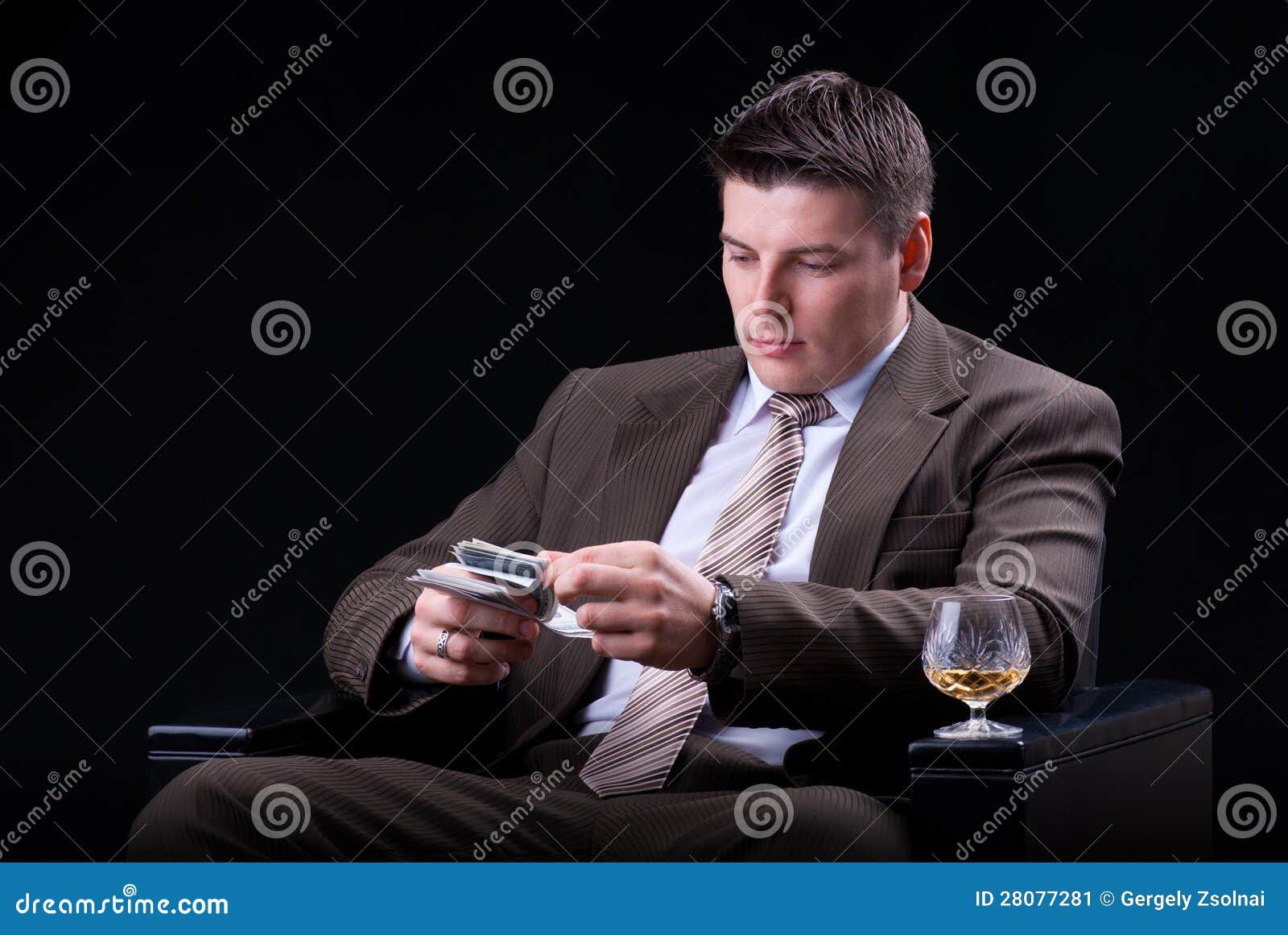 Businessman with Drinks, Cigars and Money Count Stock Image - Image of ...