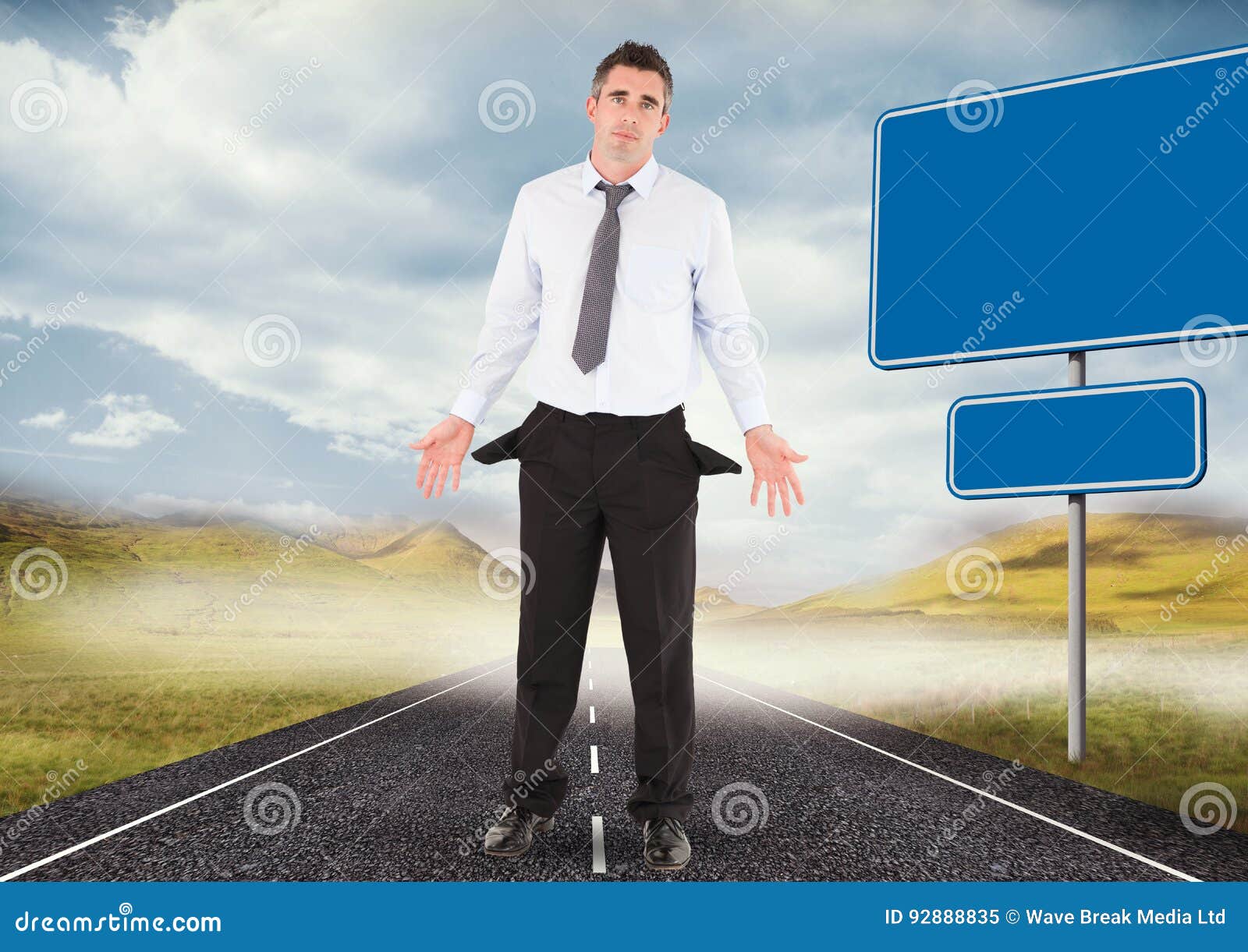 Businessman with Empty Pockets Standing on Road by Blank Signs Stock ...