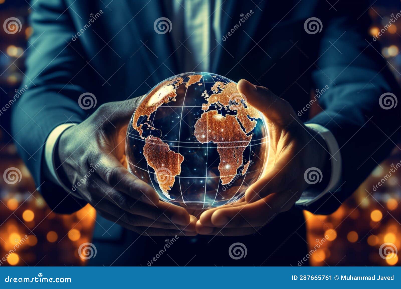 Businessman Engages Holographic Globe, Handshaking Amid Tech Networking ...