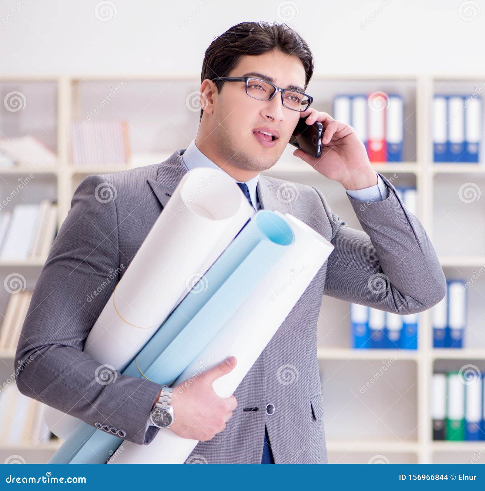 Businessman Engineer Draftsman with Blueprints Drawings Stock Photo ...