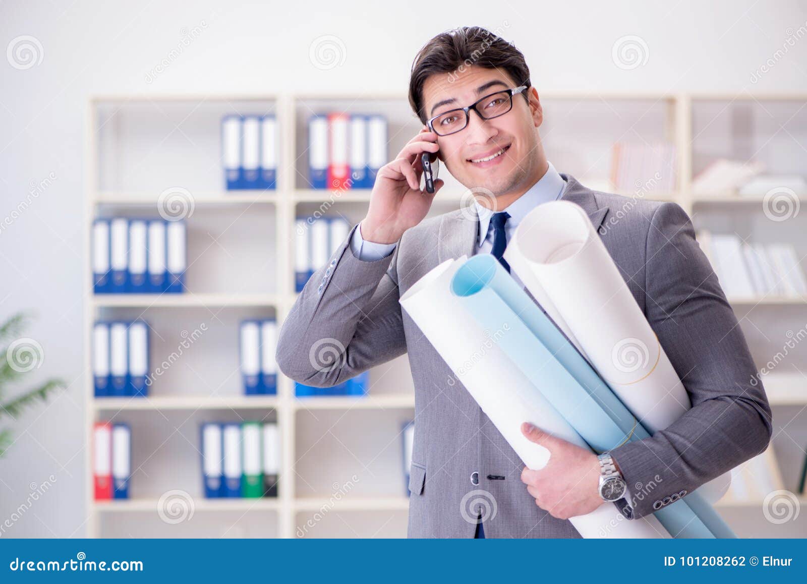 The Businessman Engineer Draftsman with Blueprints Drawings Stock Photo ...