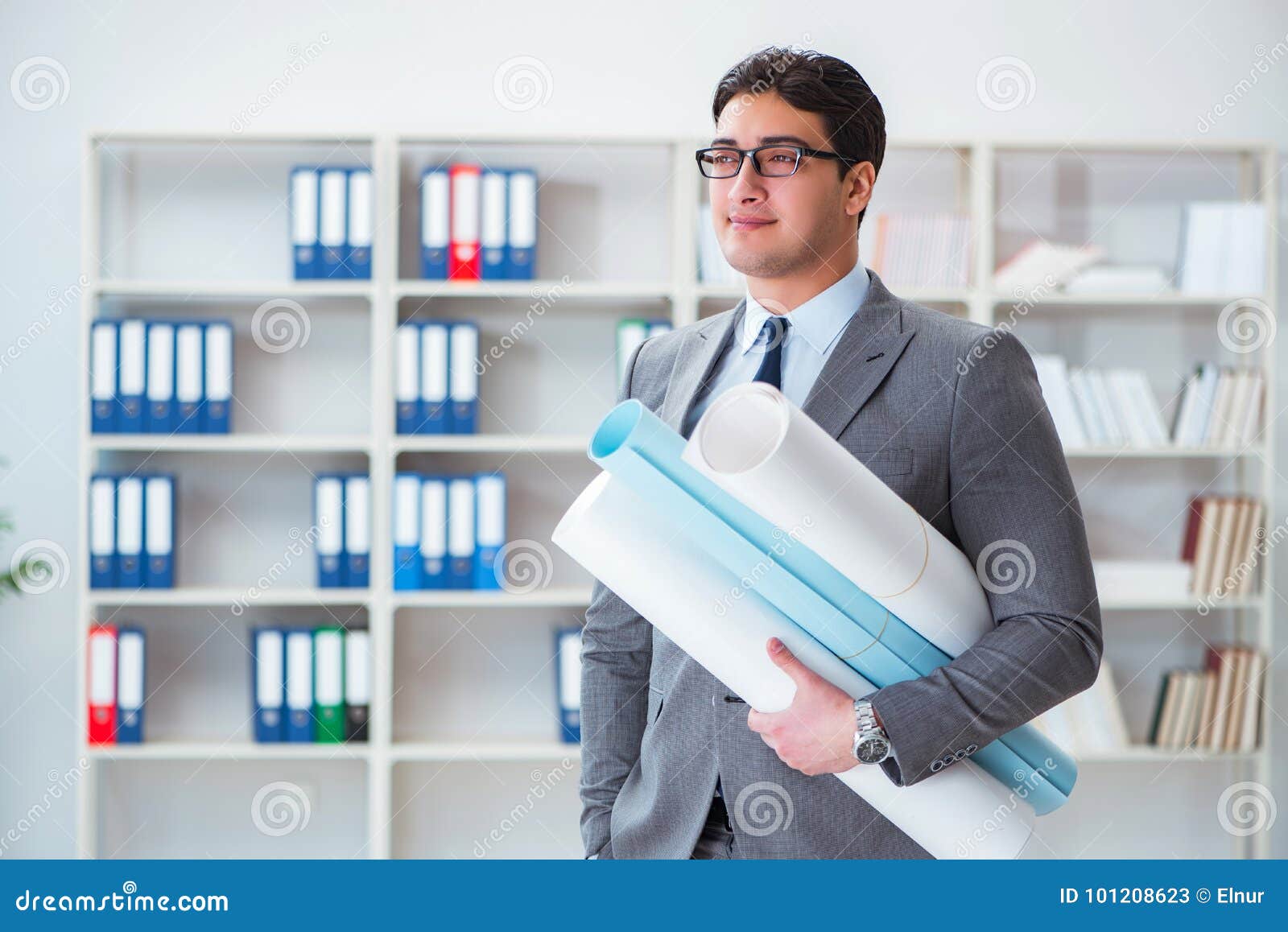 The Businessman Engineer Draftsman with Blueprints Drawings Stock Image ...