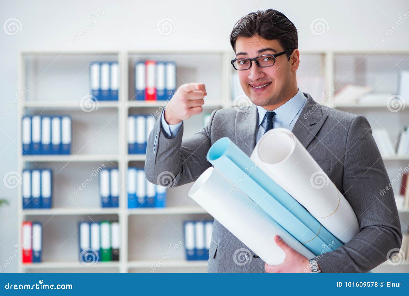 The Businessman Engineer Draftsman with Blueprints Drawings Stock Photo ...