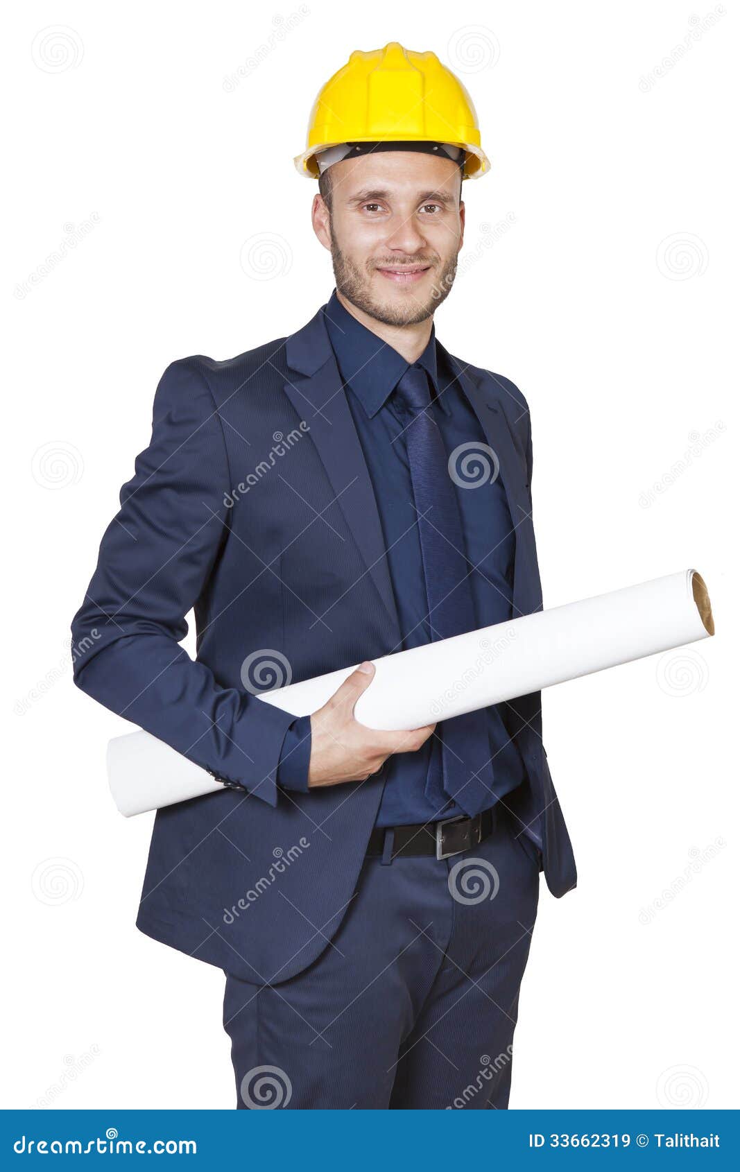 Businessman Engineer Hold Yellow Safety Helmet Plastic And Wear Striped ...