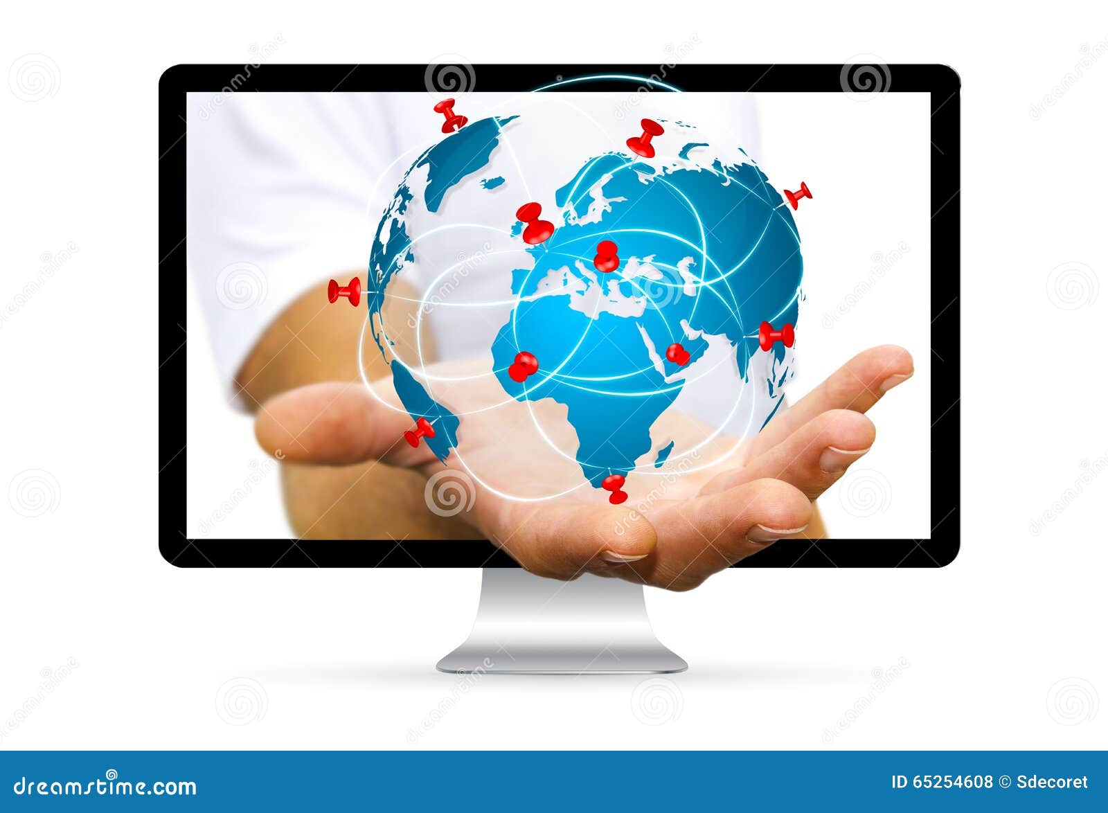 Businessman Escaping from Computer Holding Digital World Map in Stock ...