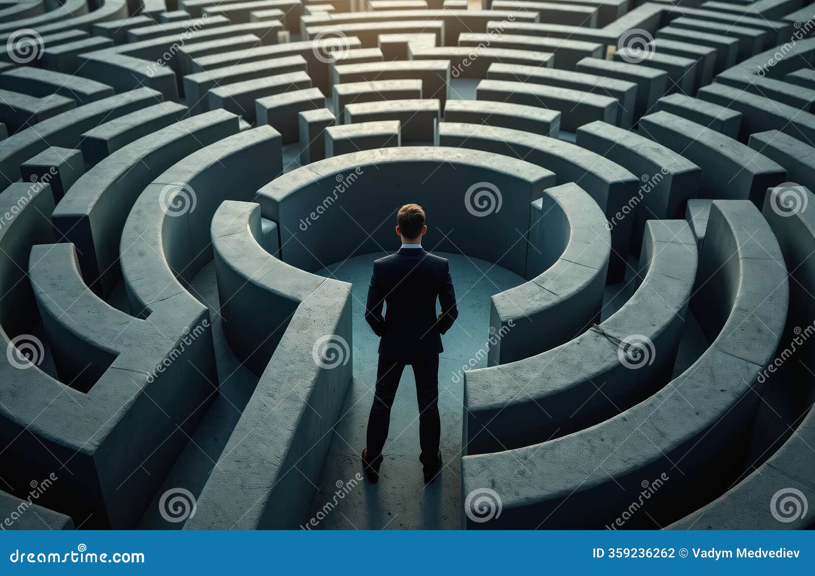 Businessman Faces Complex Challenges in Large Stone Maze. Stands ...