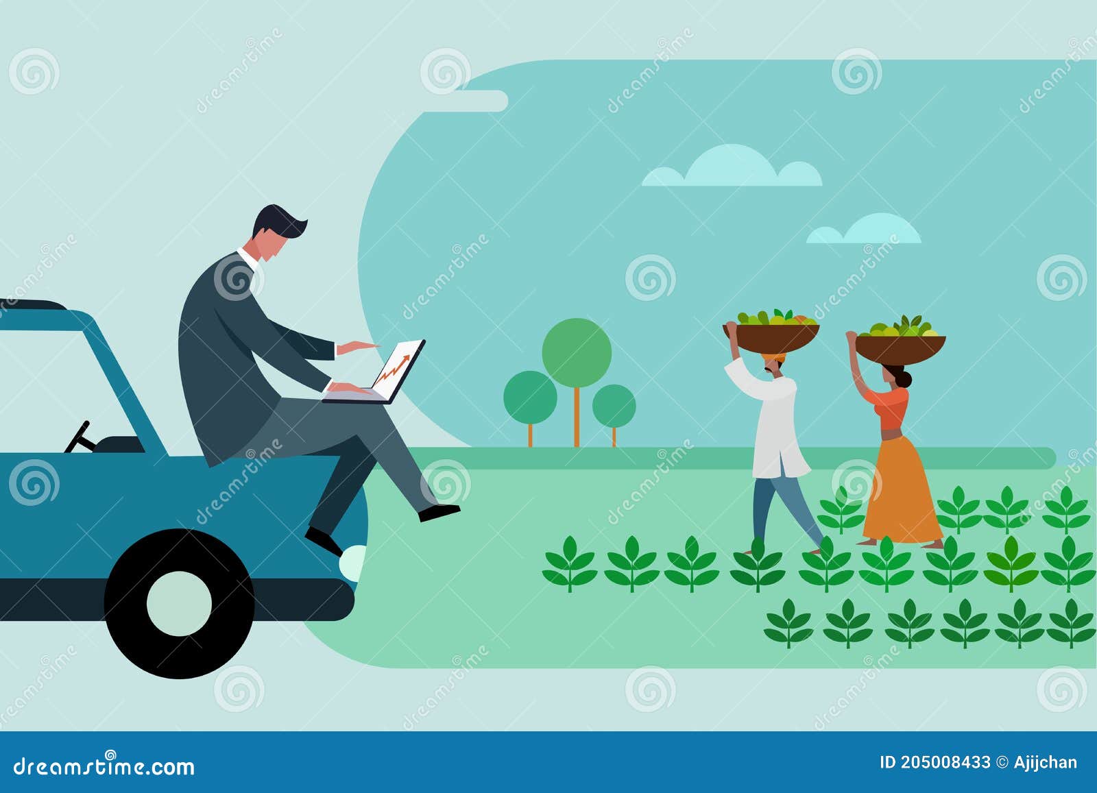 An Agri Business Executive Looks at is Laptop and Farmers Walking ...