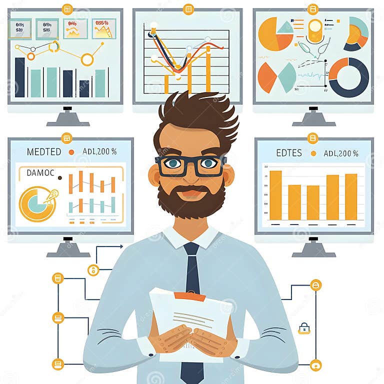 Businessman with Financial Charts and Graphs. Vector Illustration in ... Businessman with Financial Charts and Graphs. Vector Illustration in ...