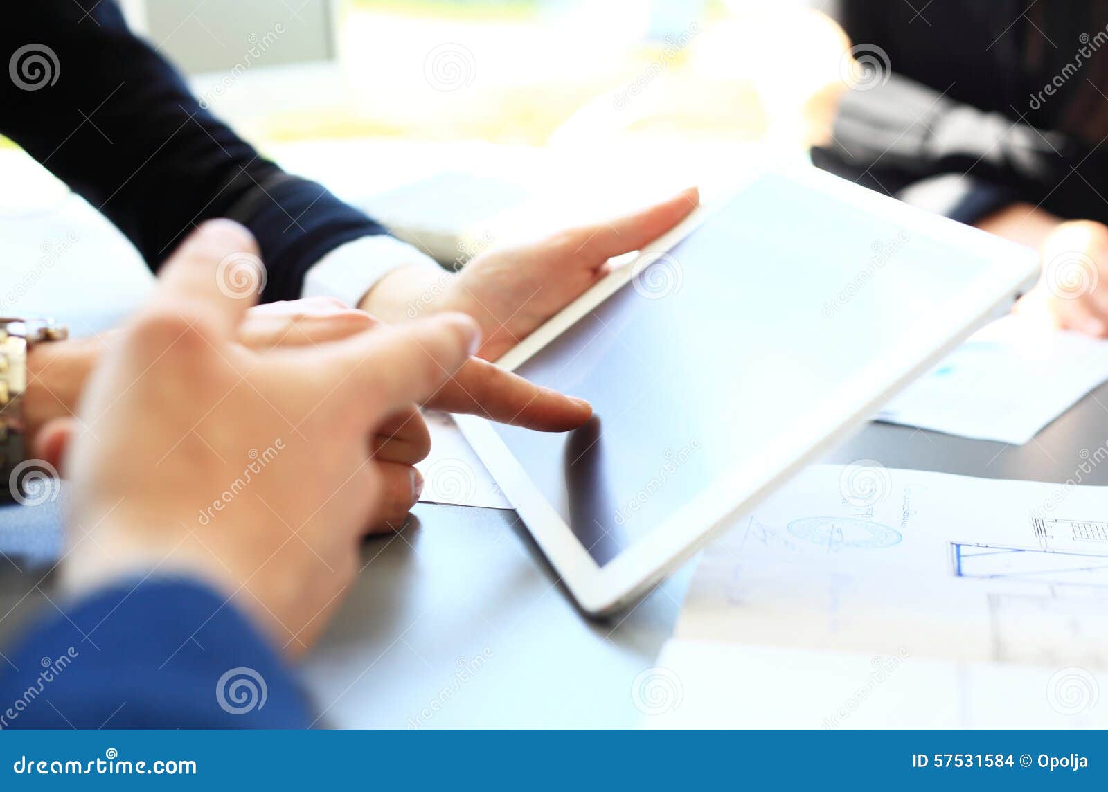 Businessman Holding Laptop Finger Pointing To Screen Stock Photos ...