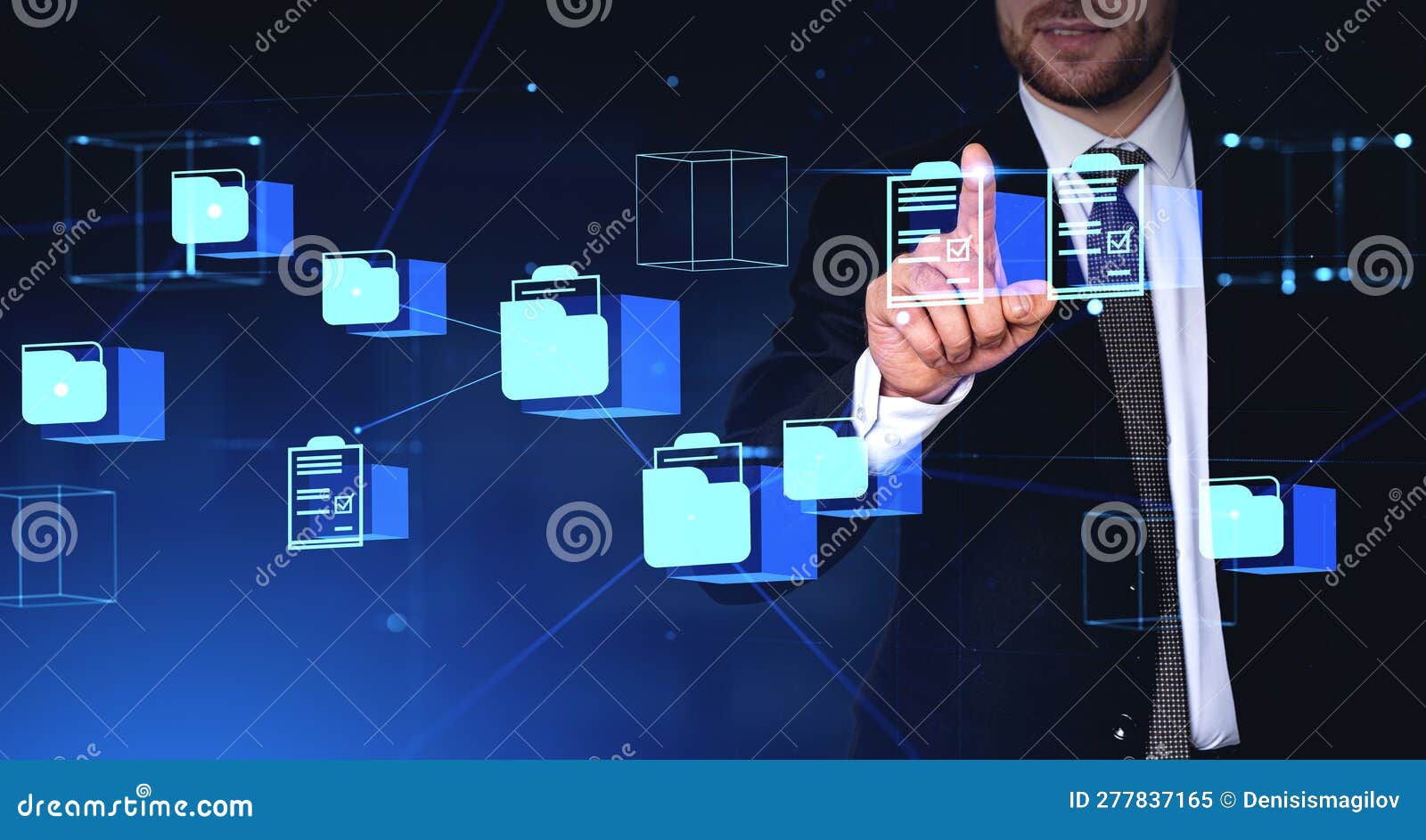 Businessman Finger Touch Document Management Database Hologram with ...