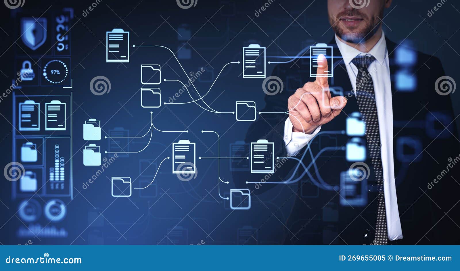 Businessman Finger Touch Document Management System Hologram Stock ...