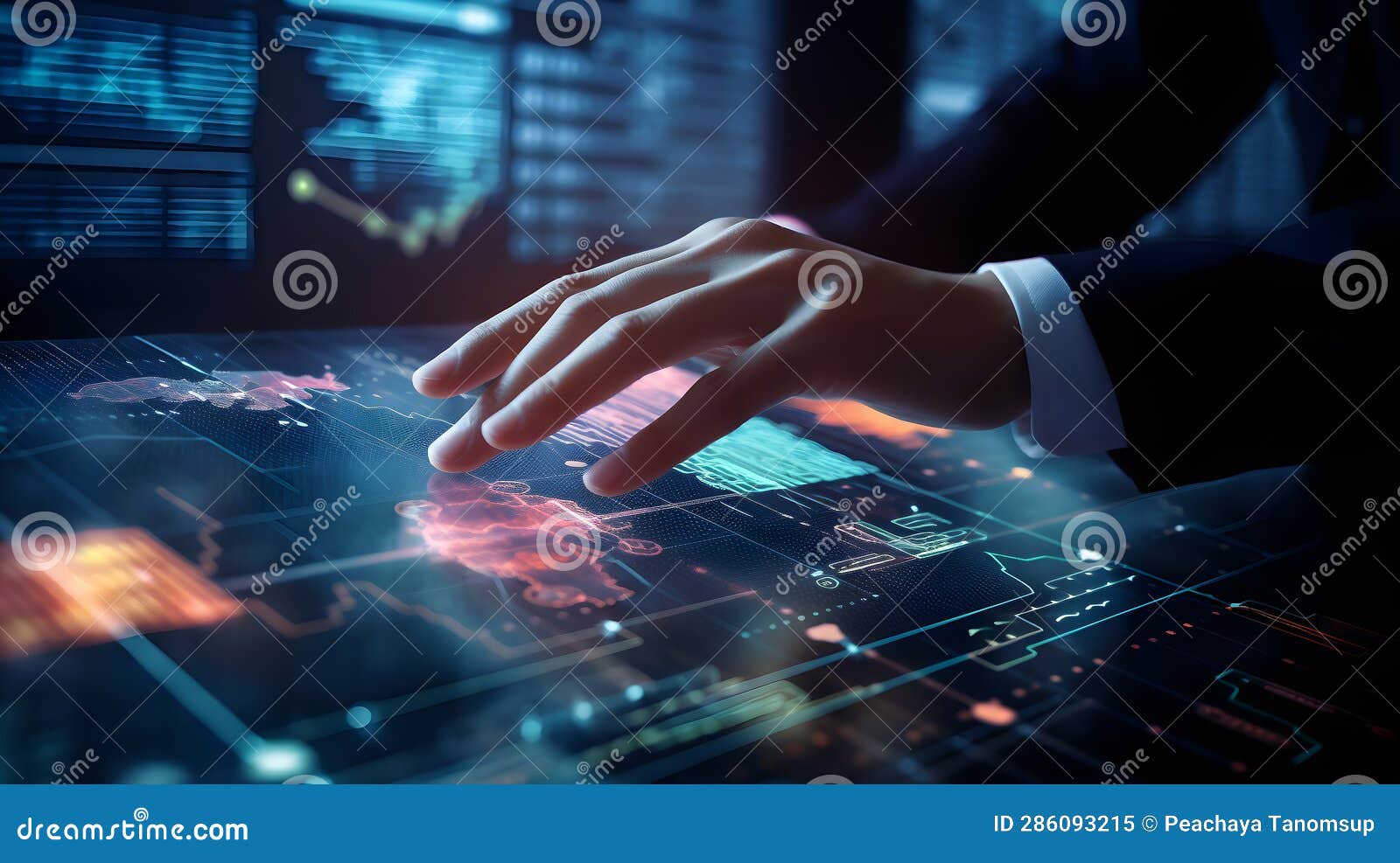 Businessman Finger Touch Virtual Screen for Analysing Data Information ...