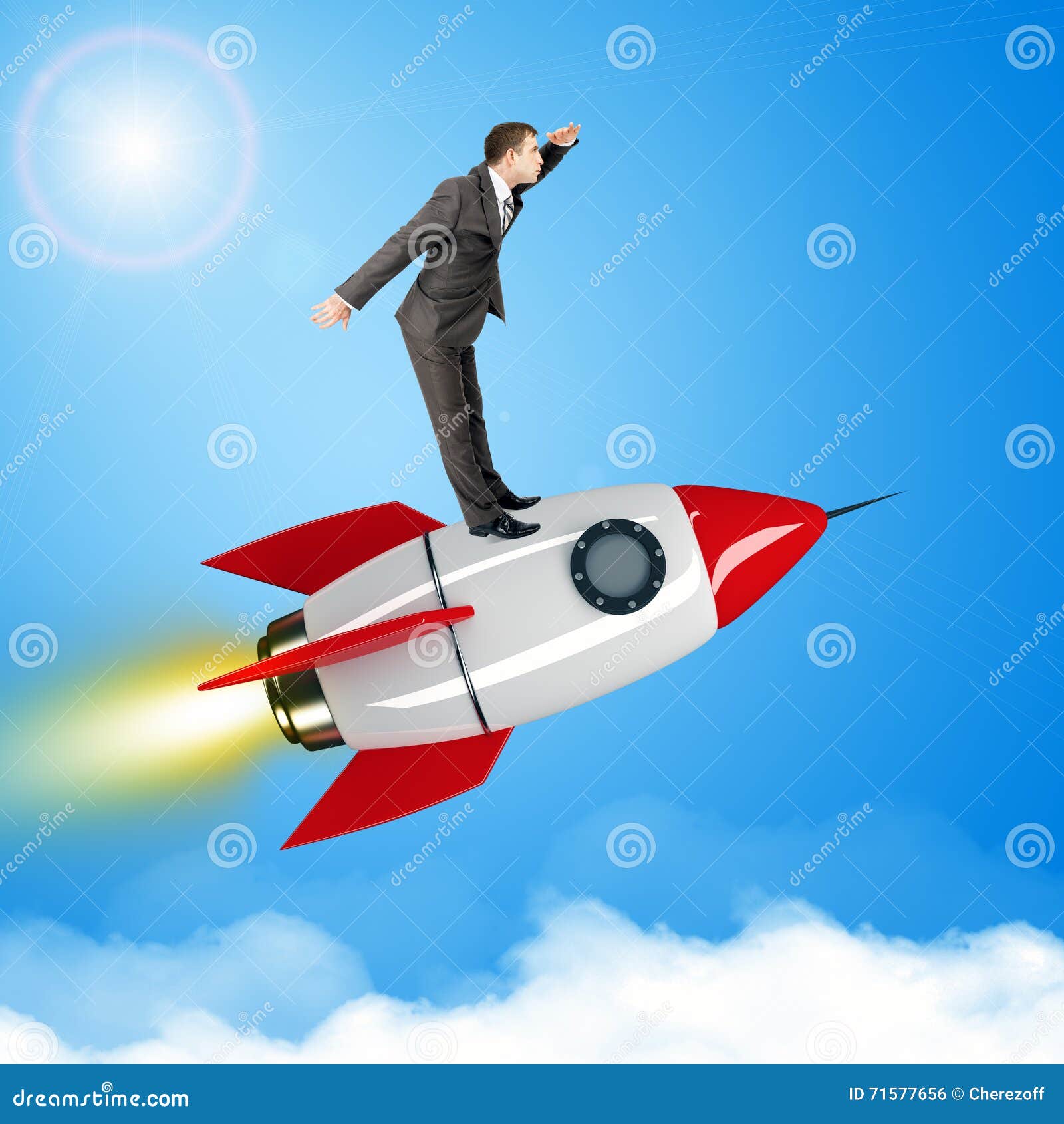 Businessman Flying on Jet Rocket Above City Stock Photo - Image of ...