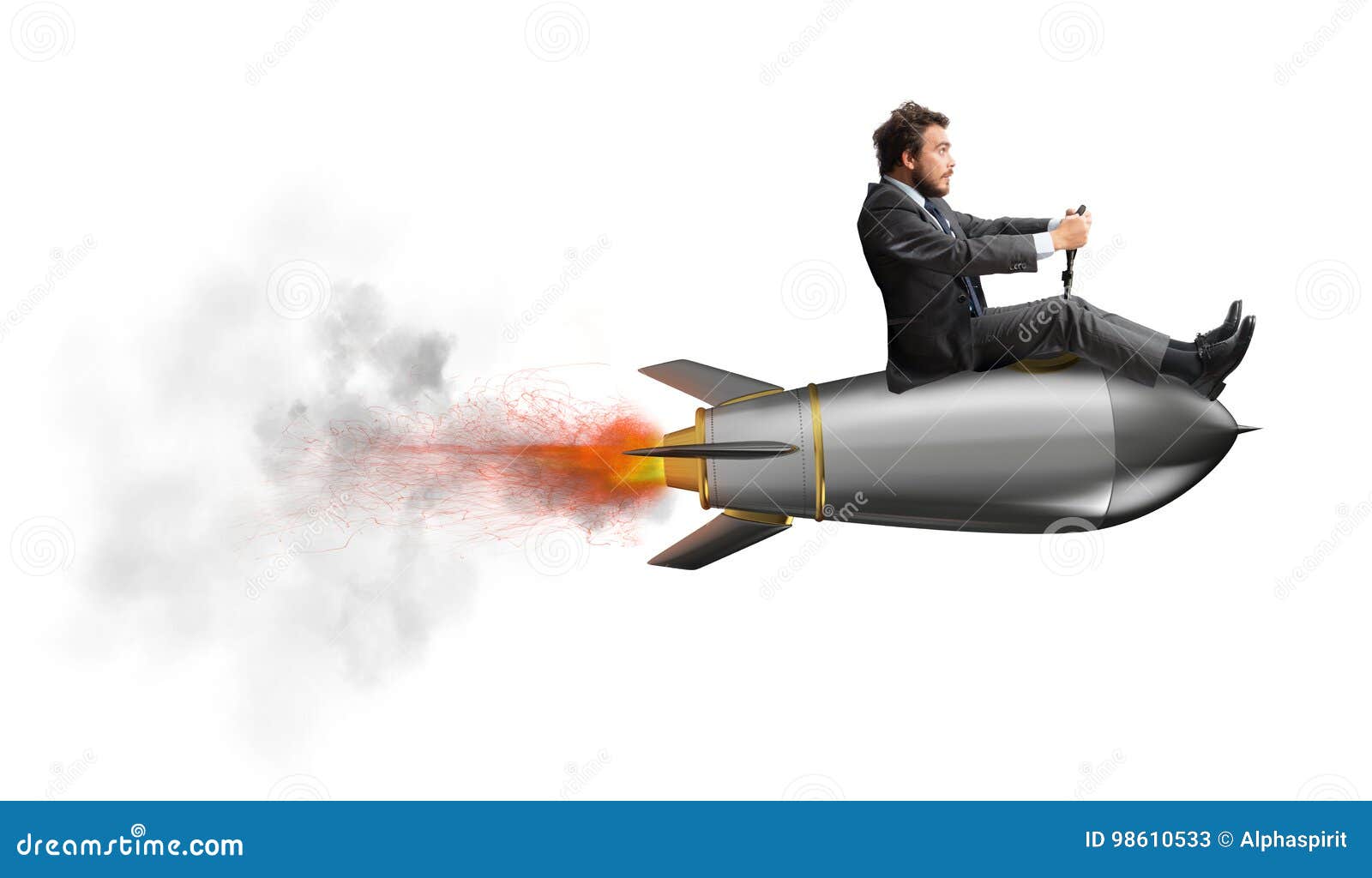 Businessman Flying Over a Rocket. Concept of Company Startup Stock ...