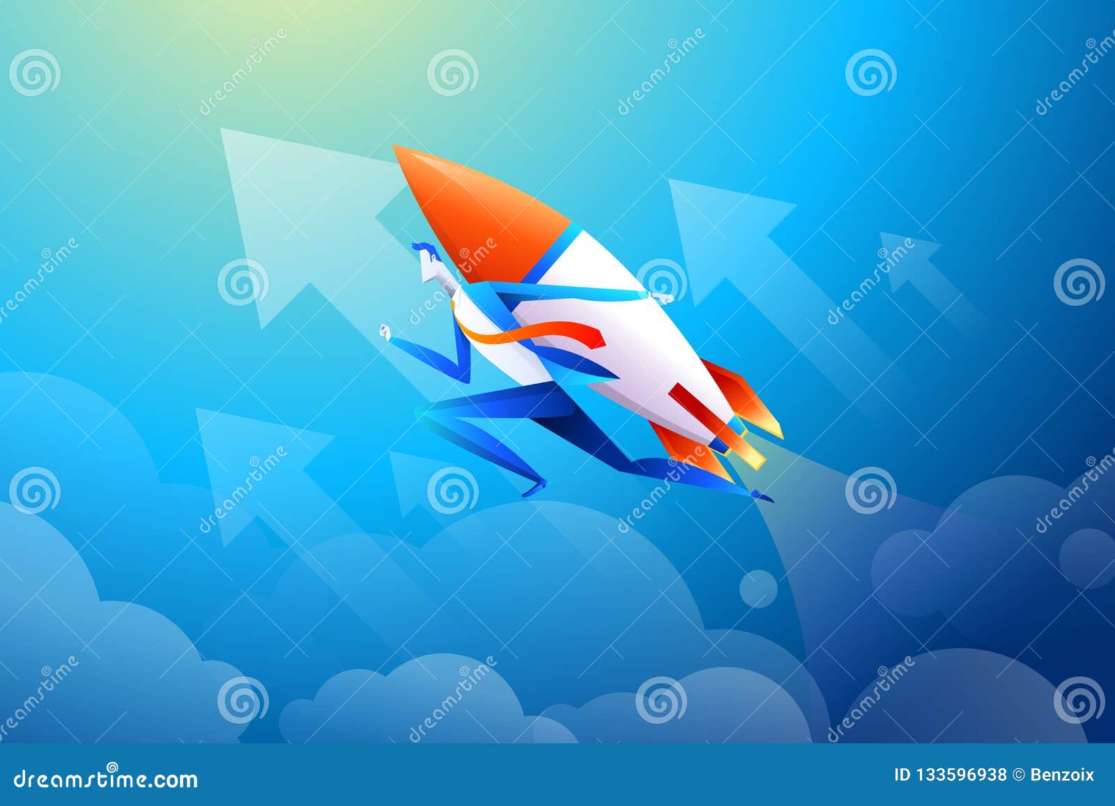 Businessman Flying on Rocket, Graph that Shows Increase in Sales ...