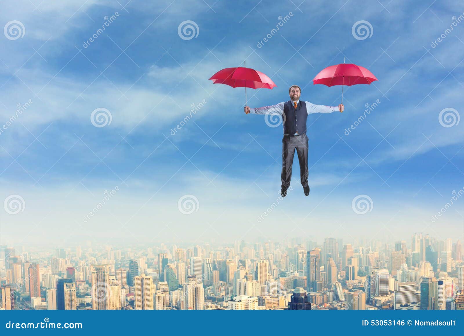 Businessman Flying with Umbrellas Stock Photo - Image of outdoor ...