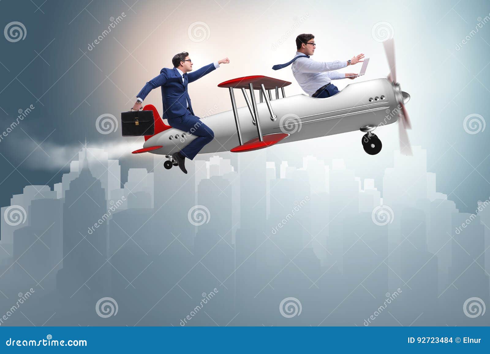 The Businessman Flying on Vintage Old Airplane Stock Illustration ...