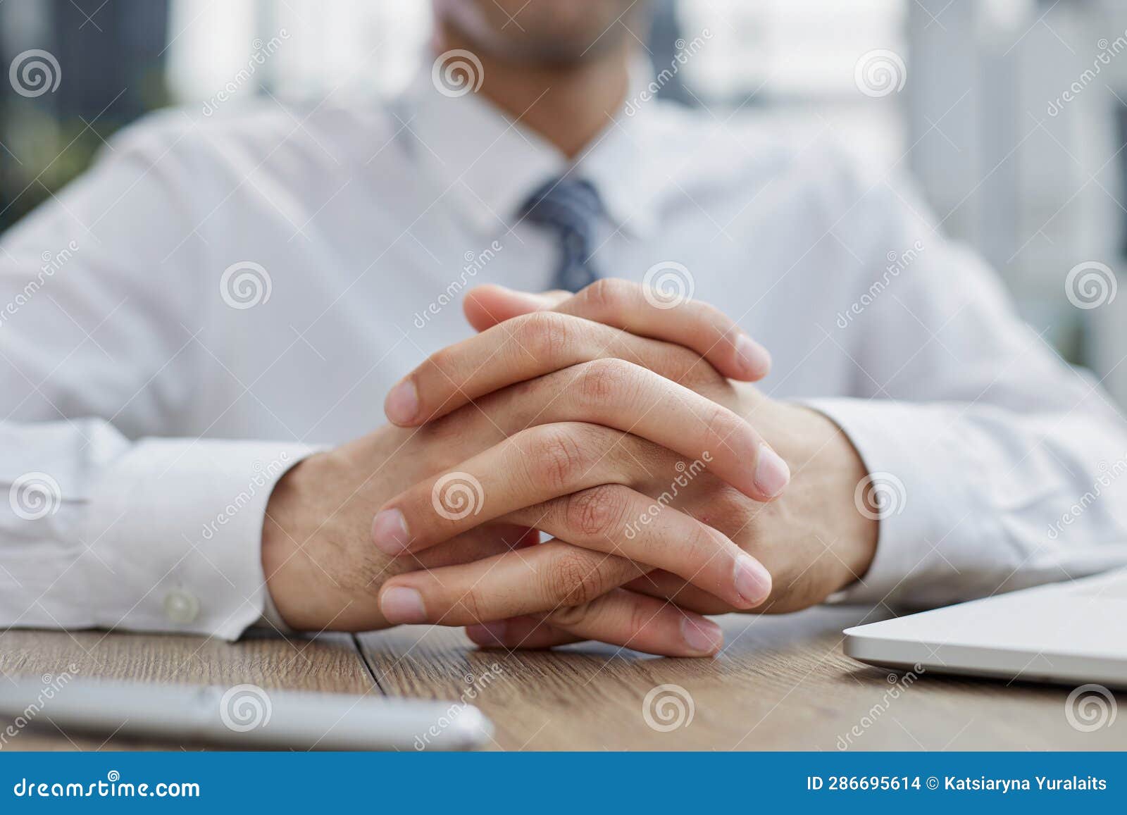 Businessman Folded His Hands at the Desk. Stock Photo - Image of crisis ...