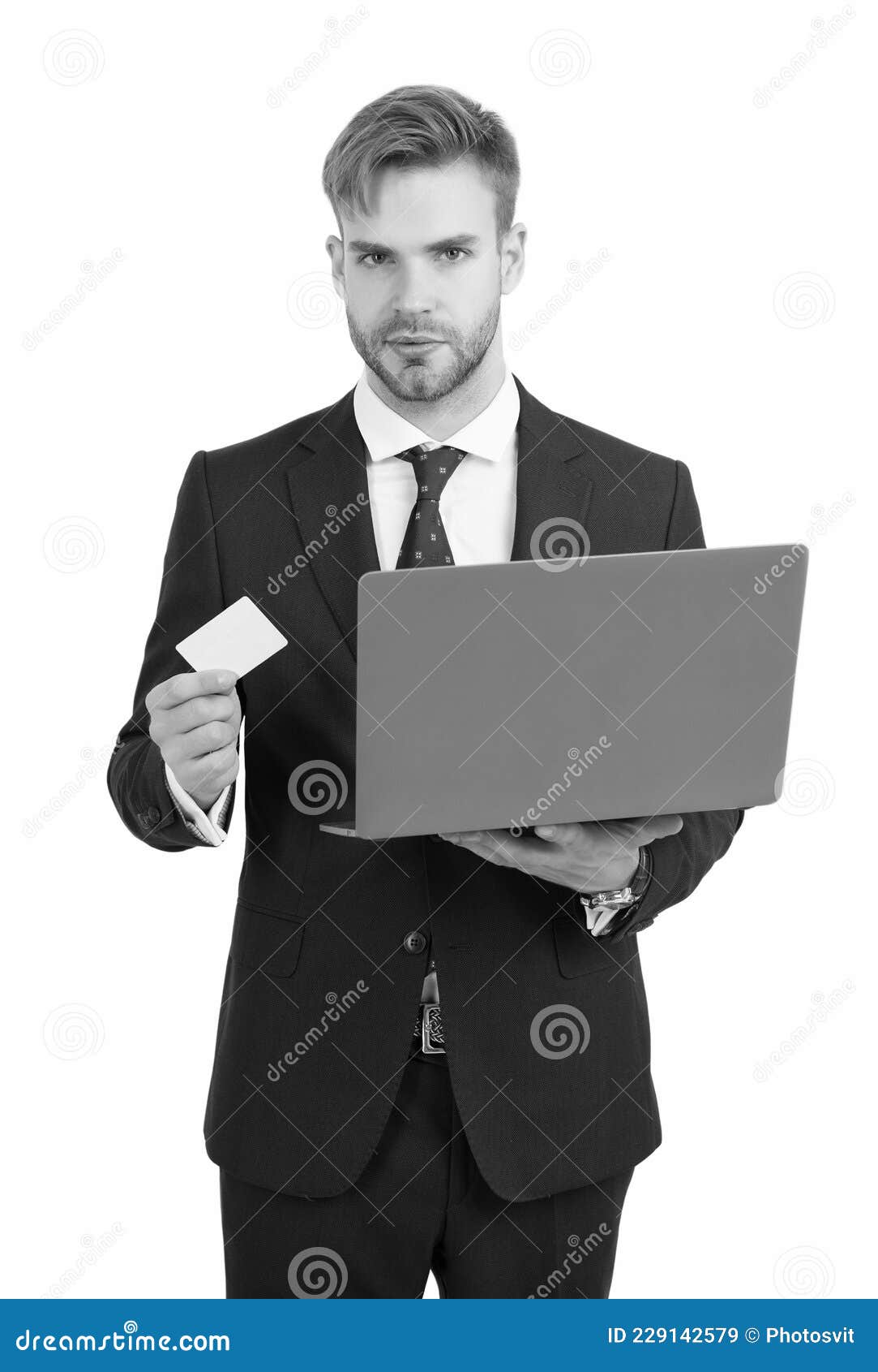 Businessman in Formal Style Hold Laptop Computer and Identity Card for ...