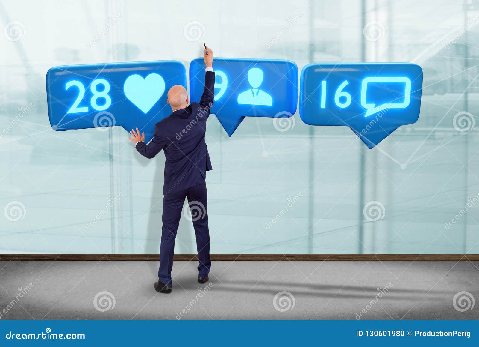 Businessman in Front of a Wall with a Like, Follower and Message Stock ...