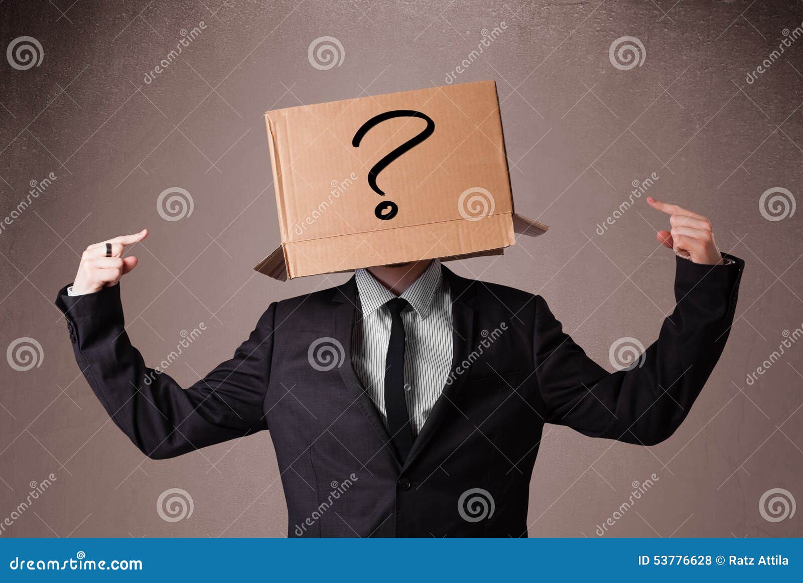 Businessman Gesturing with a Cardboard Box on His Head with Ques Stock ...