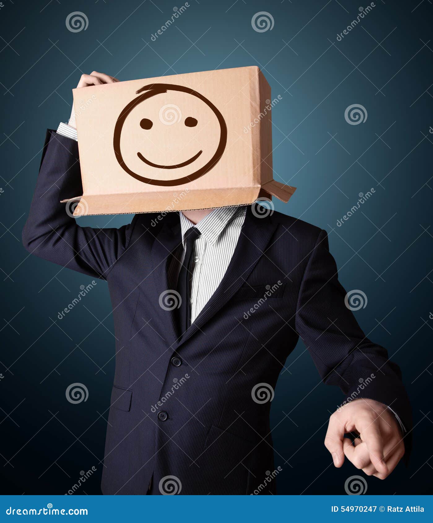 Businessman Gesturing with a Cardboard Box on His Head with Smiley Face ...