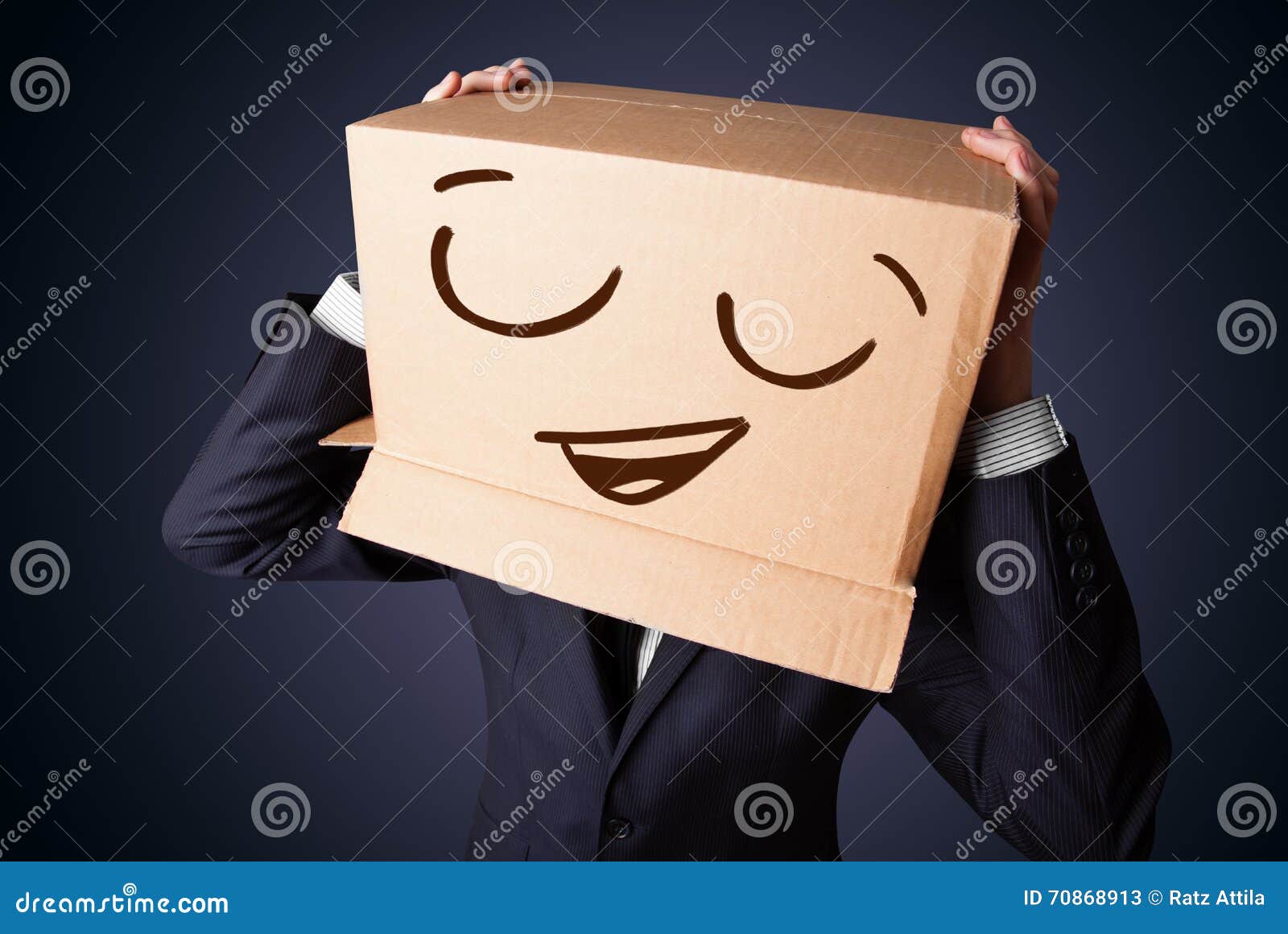 Businessman Gesturing with a Cardboard Box on His Head with Smiley Face ...