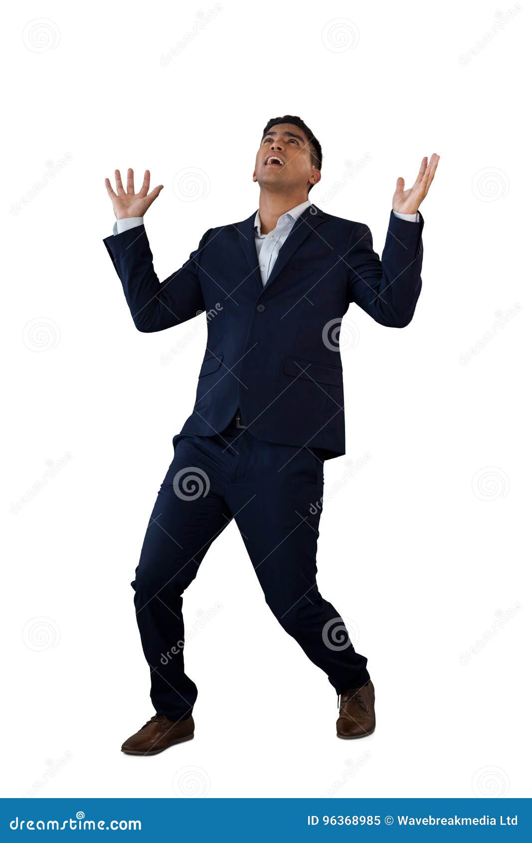 Businessman Gesturing while Looking Up Stock Image - Image of open ...