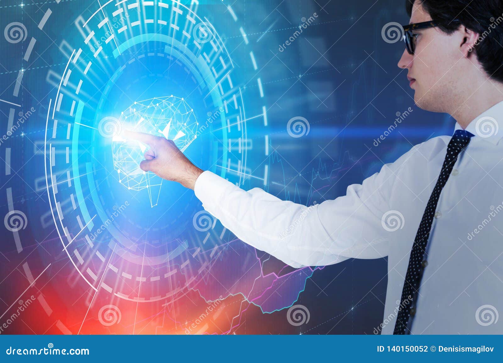 Businessman in Glasses Using Brain Interface Stock Photo - Image of ...