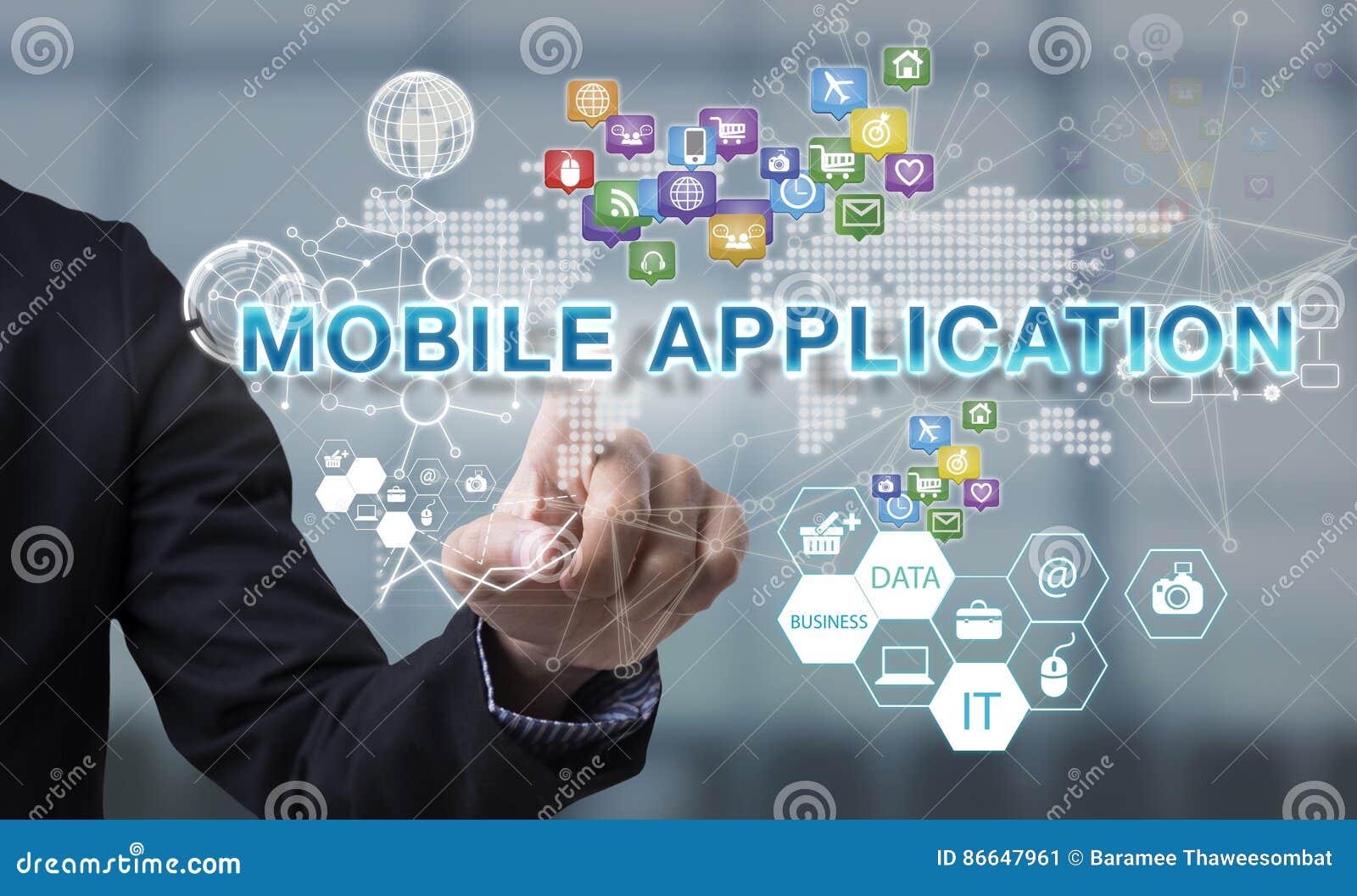 Businessman Hand Chooses Mobile Application Wording on Interface Stock ...