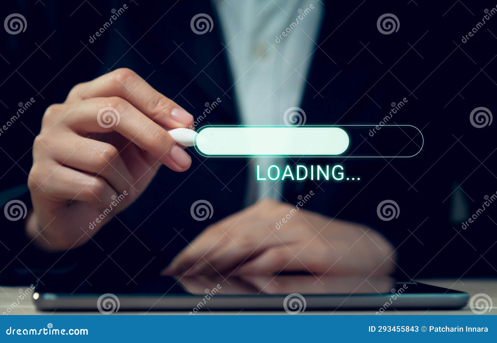 Businessman Hand Digital Pen and Using Tablet with Showing Loading Bar ...