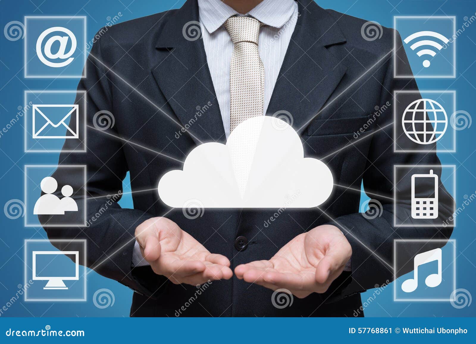 Businessman Hand Holding Cloud Computing Network Isolated on Blue ...