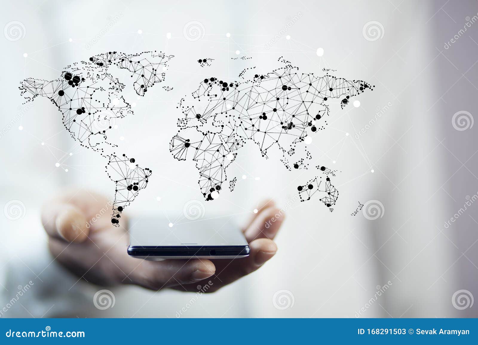 Businessman Hand Phone with World Map Stock Image - Image of network ...