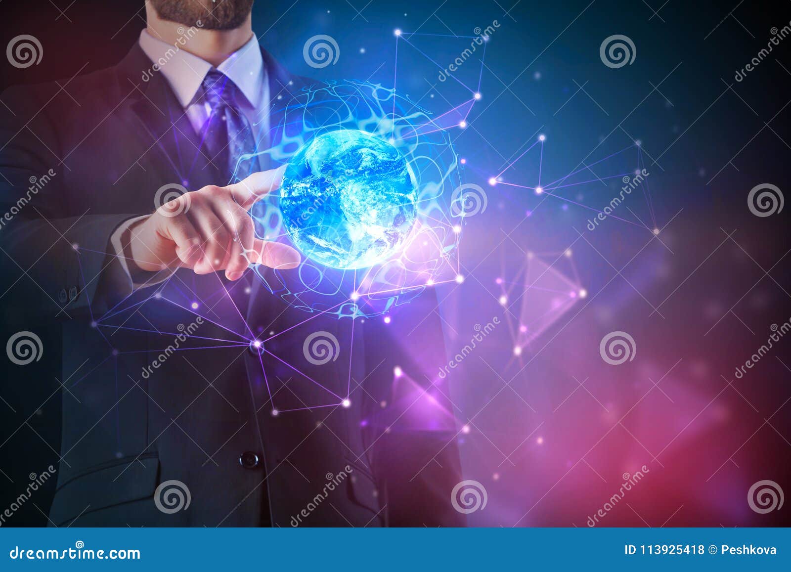 Businessman Pointing at Globe Stock Photo - Image of closeup ...